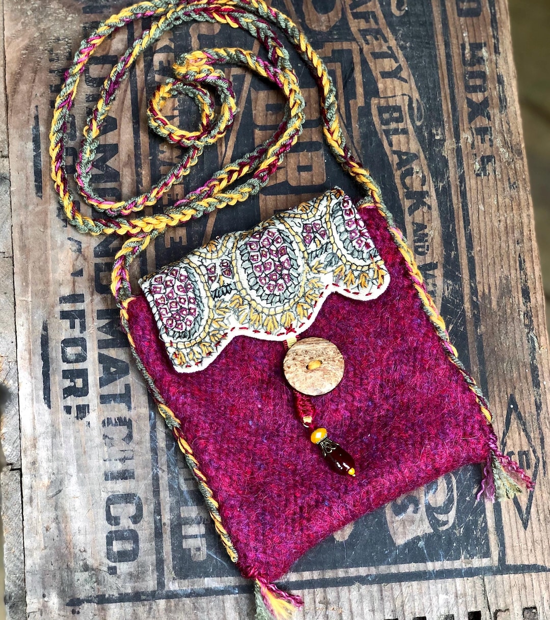 Handmade Felted Wool Knit Purse, Vintage Wool Embroidered Sari Trim ...