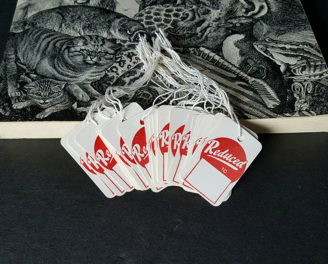 Set of 20 Vintage Paper Tags, Sales Tags, Reduced to in Red on Ivory ...