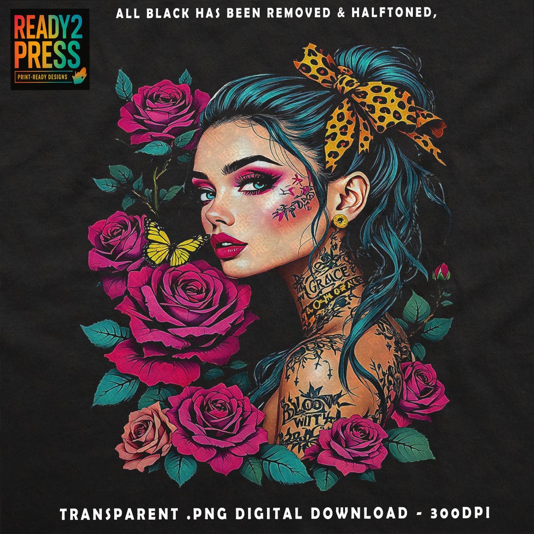 Tattooed Rose Woman PNG for DTF Printing, Bold Floral Beauty Digital ...