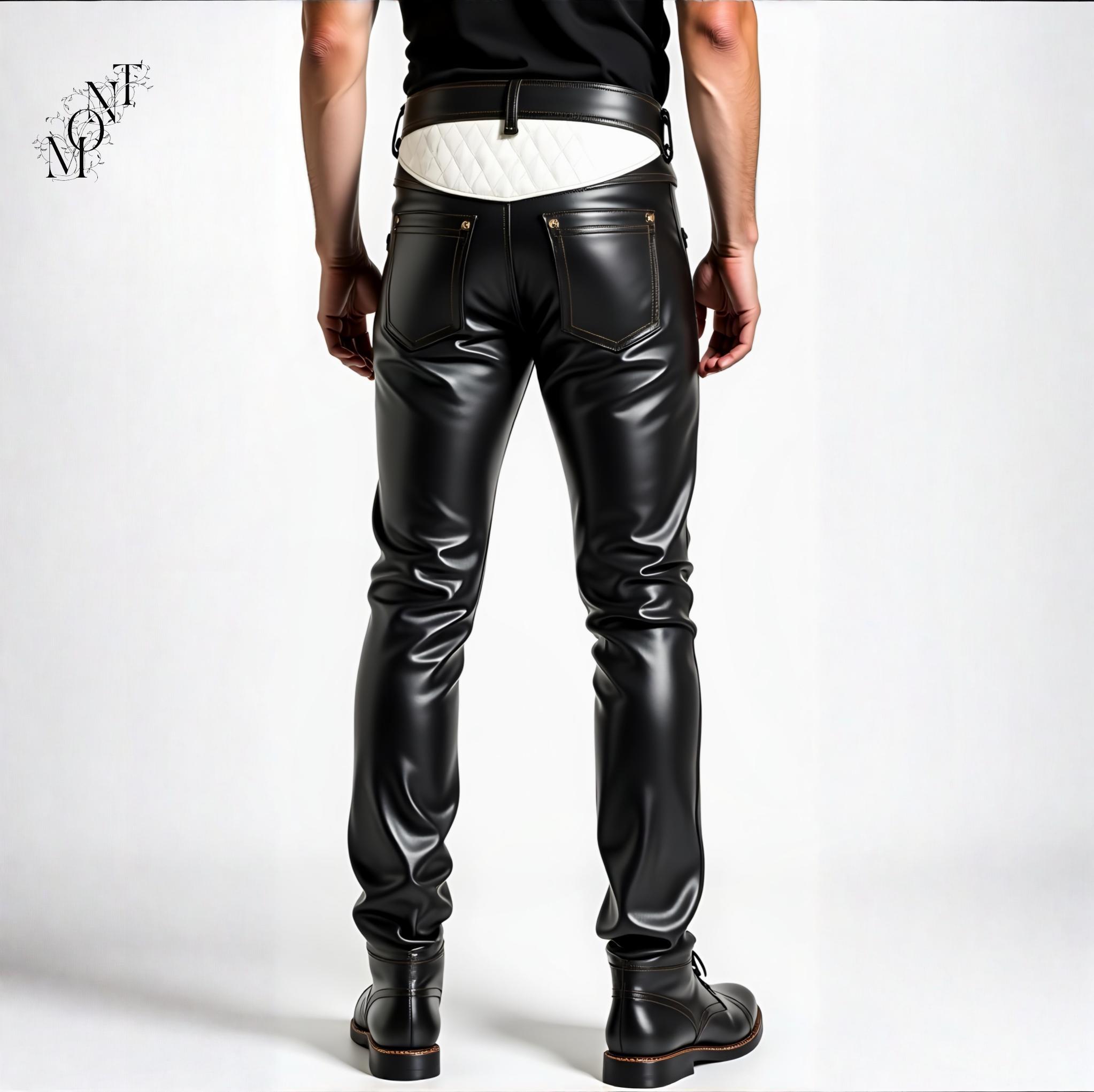 Handmade Leather Biker Pants: Black Trousers With White Quilted Patches ...