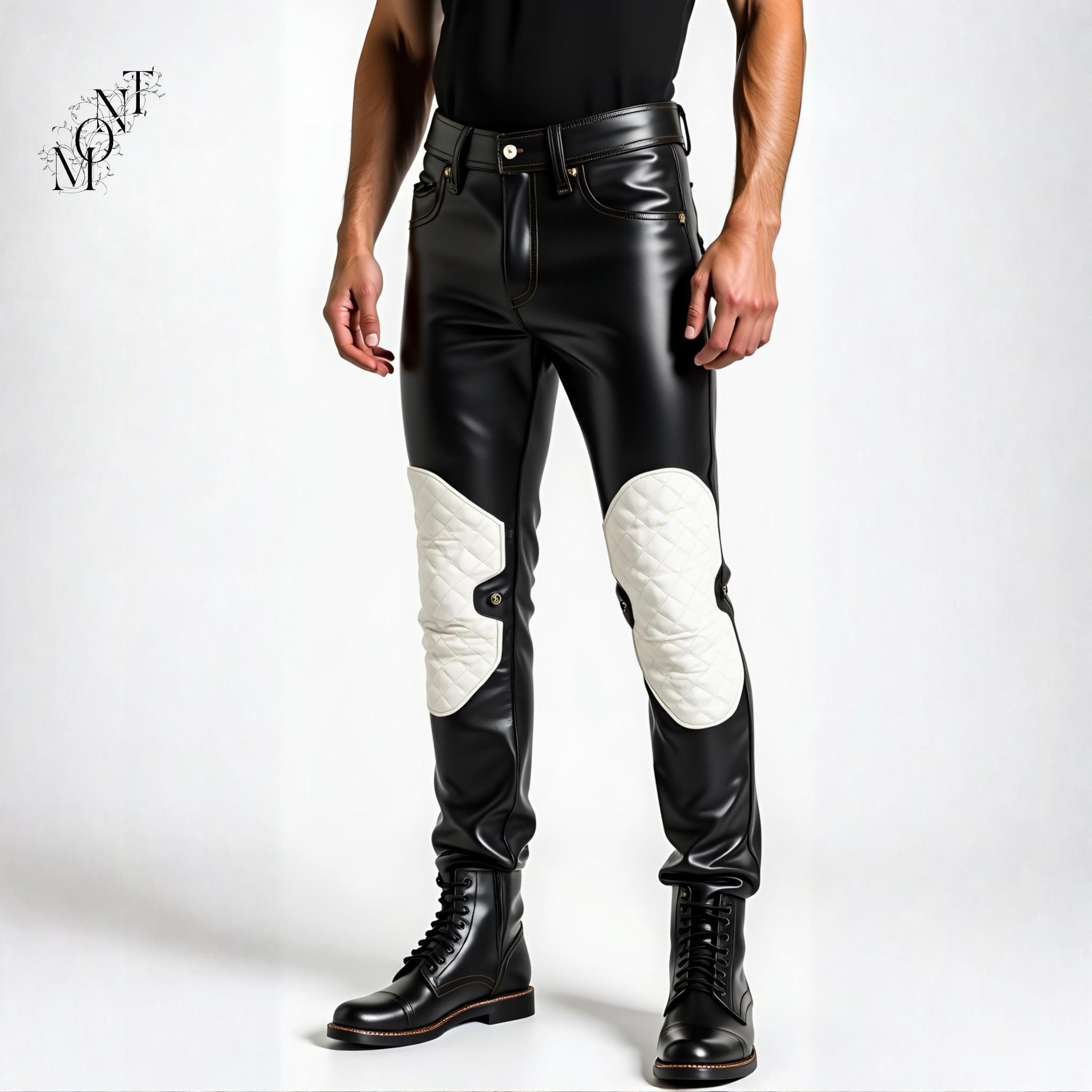 Handmade Leather Biker Pants: Black Trousers With White Quilted Patches ...