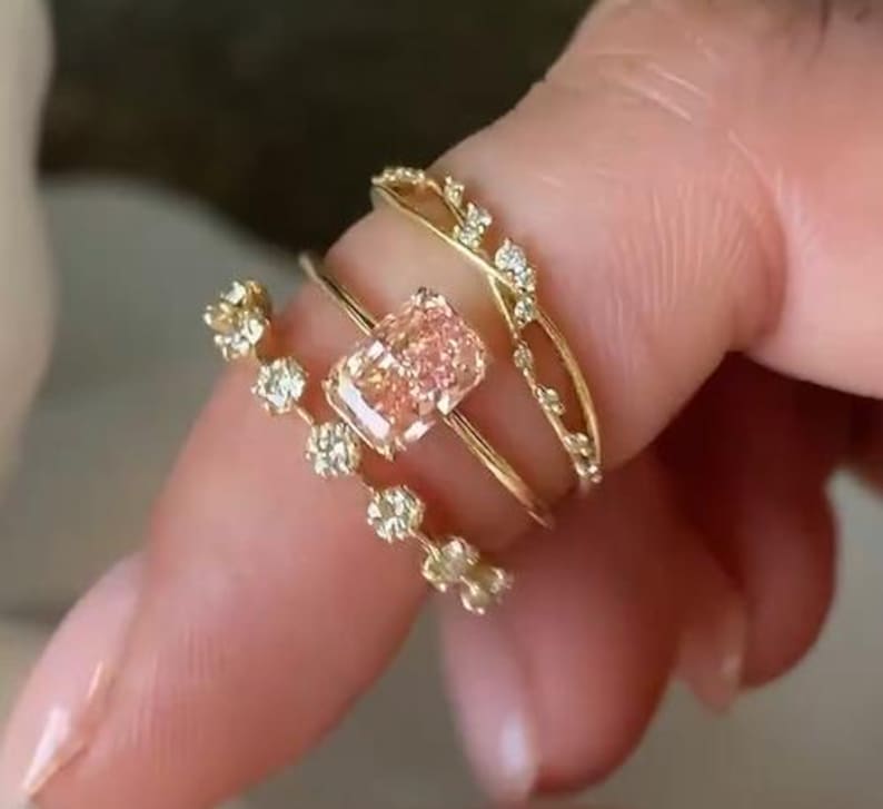 3 CT Radiant Cut Moissanite Pink Diamond Wedding Ring 3pc Engagement ...