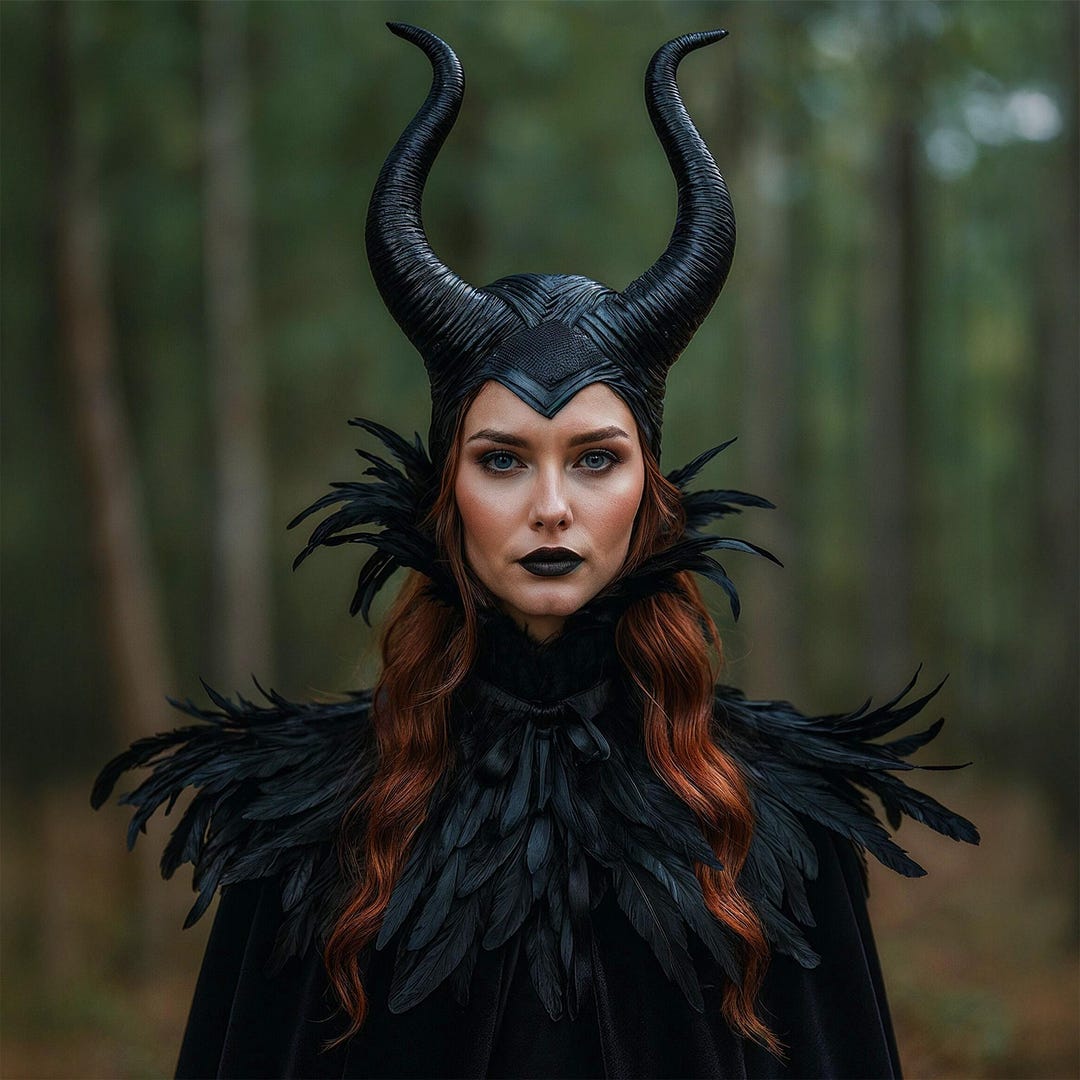 Feather Cape Shawl With Horn Set Adult Gothic Witch Costume Medieval ...