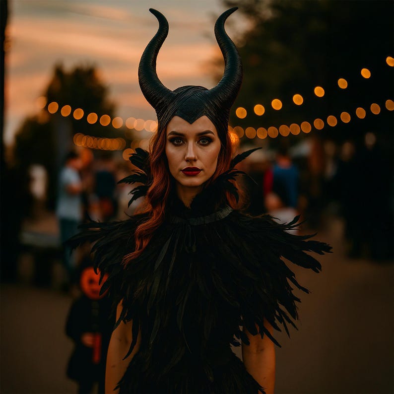 Feather Cape Shawl With Horn Set Adult Gothic Witch Costume Medieval ...