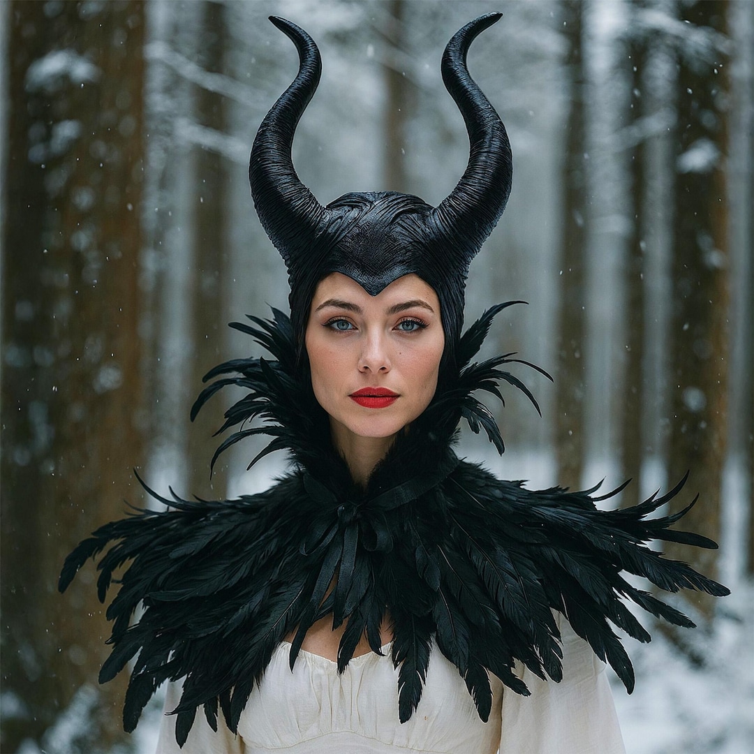 Gothic Feather Cape Shawl With Horn Set for Adult Witch Costume ...