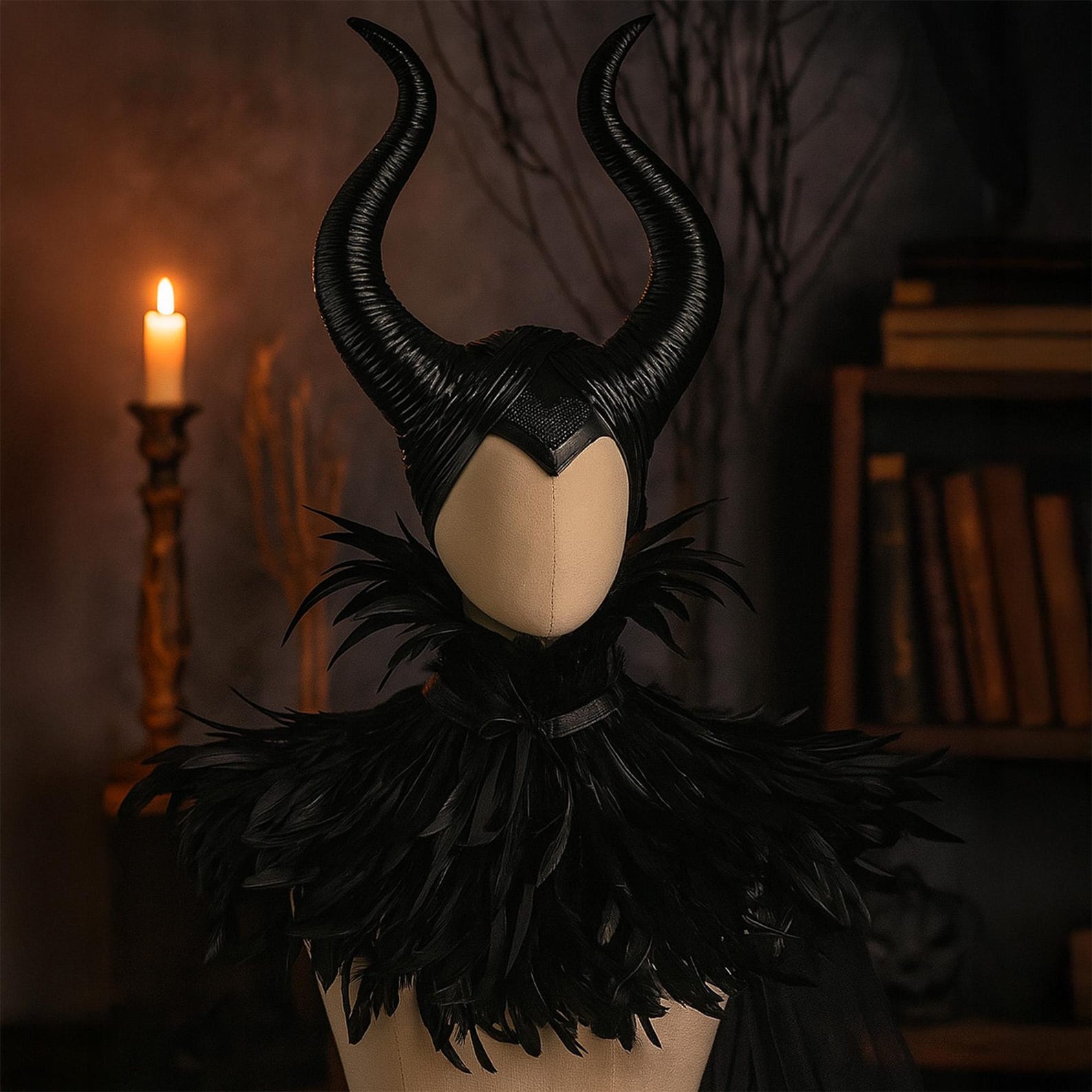 Feather Cape Shawl With Horn Set Adult Gothic Witch Costume Medieval ...