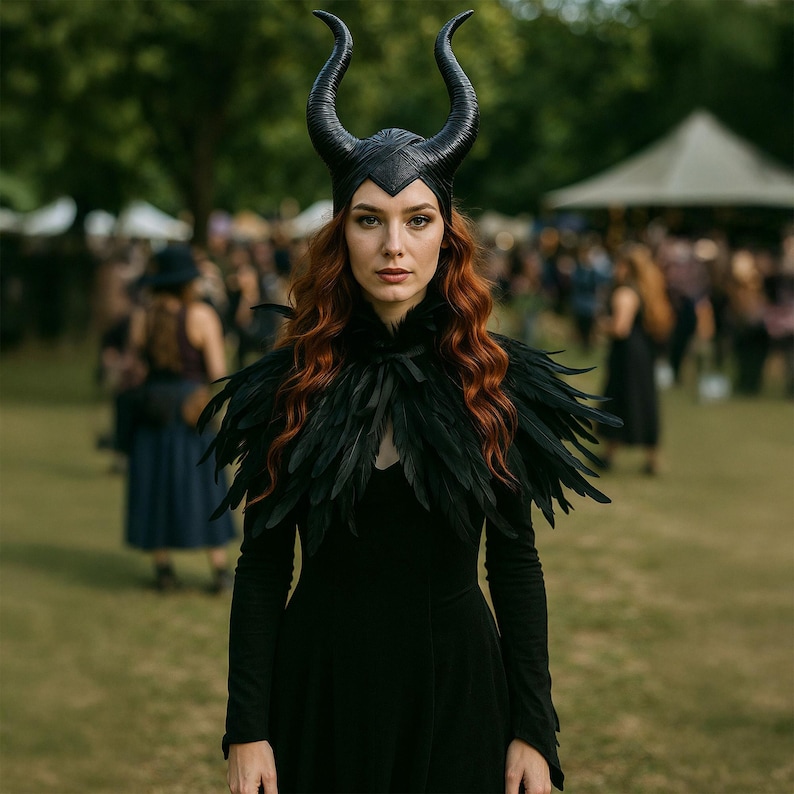Gothic Feather Cape Shawl With Horn Set for Adult Witch Costume ...
