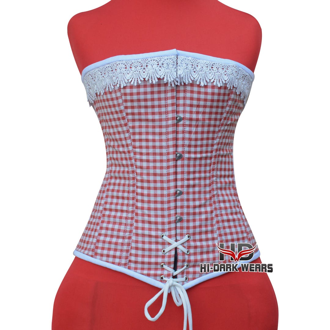 Red and White Checkered Cotton Corset: Cottagecore Lace Trim Overbust ...