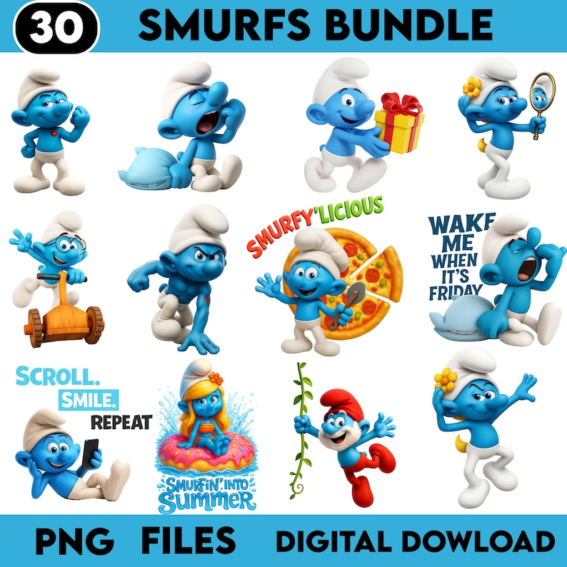 The Smurfs PNG Bundle | Cute Smurfs Poses & Quotes | Character Stickers ...