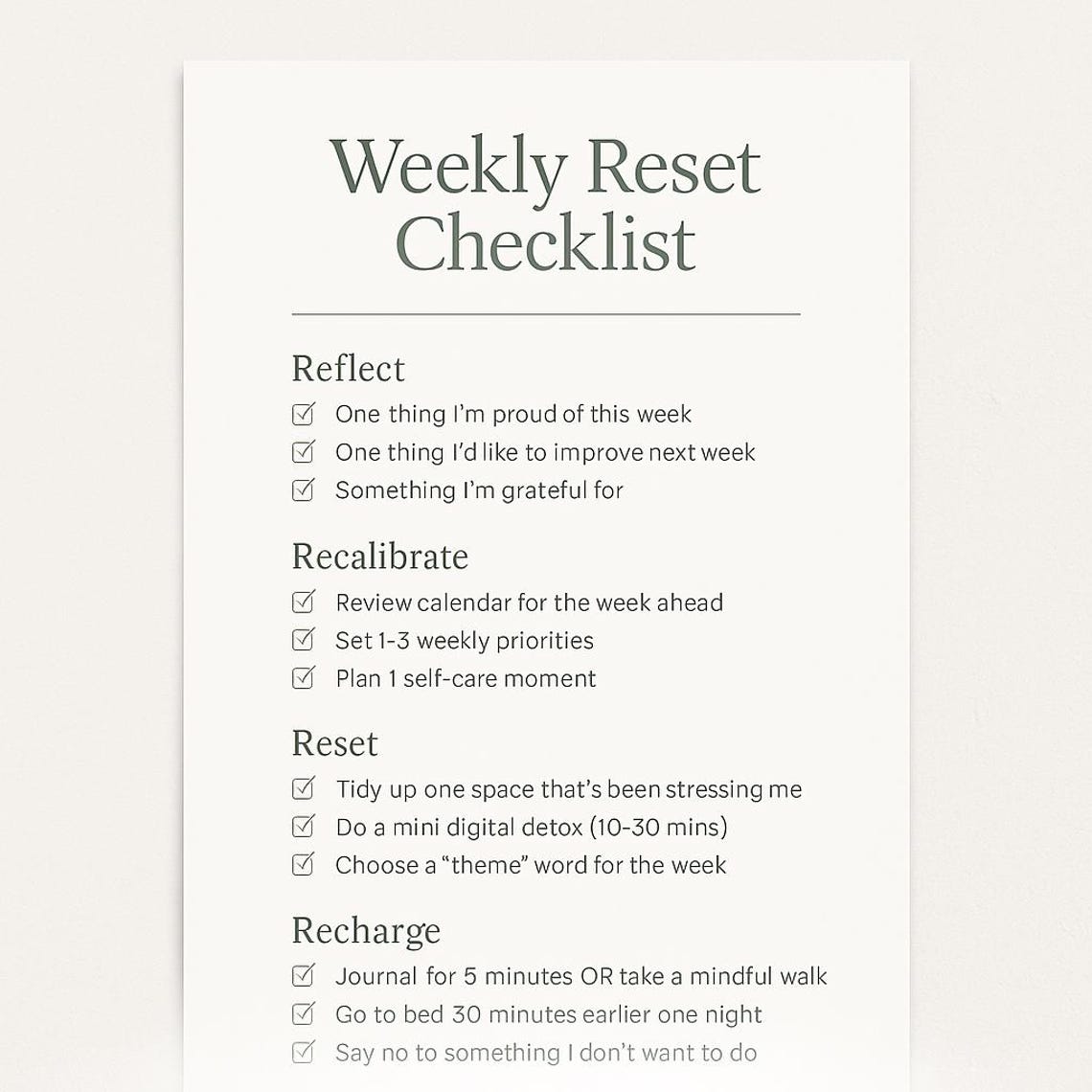 Weekly Reset Checklist | Printable PDF for Self-care, Reflection ...