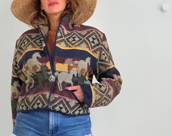 Vintage 90's Western Tapestry Galloping Horse Equestrian Theme Cropped ...