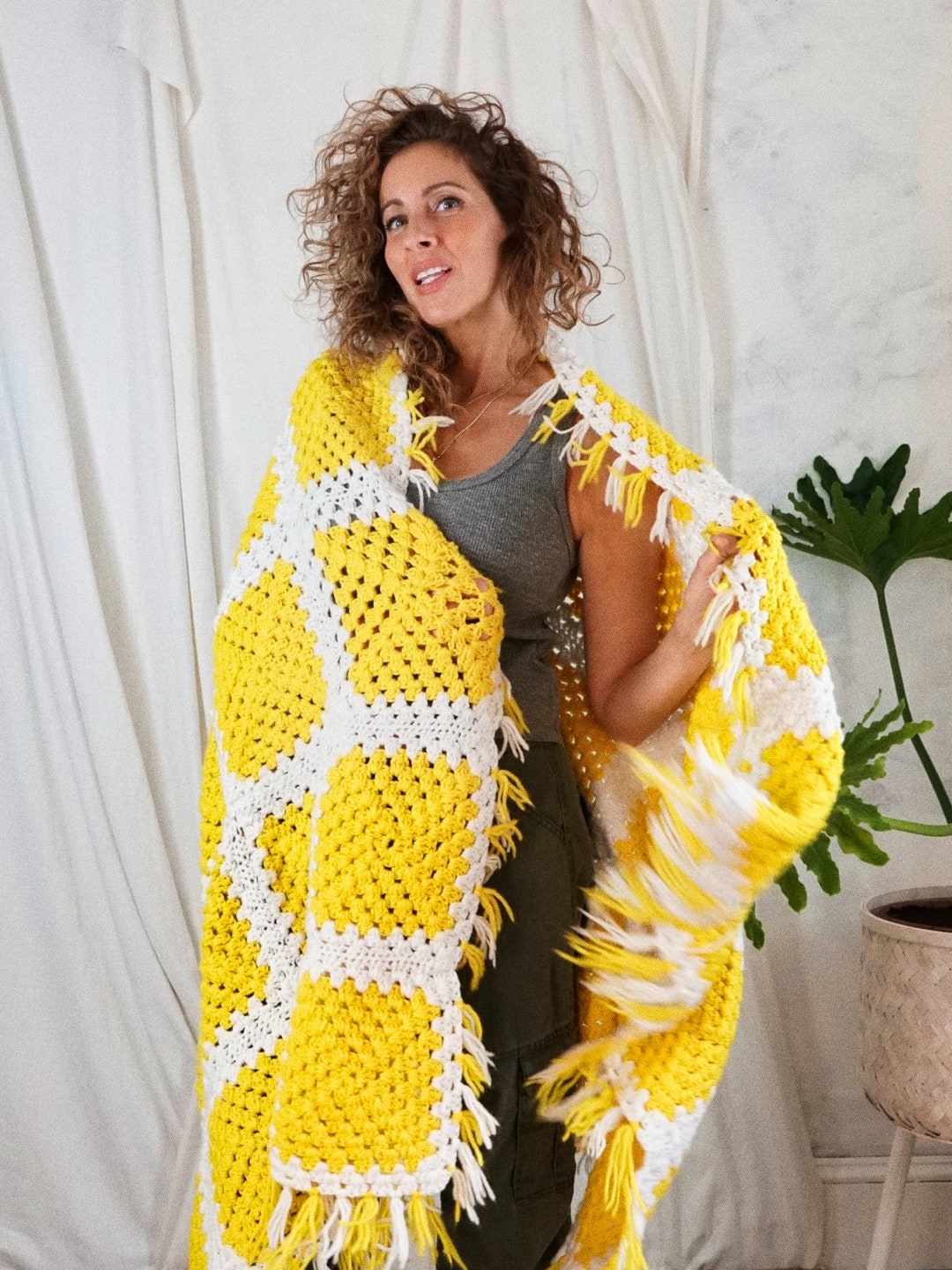 Vintage 70's Fringe Golden Hour Yellow Handknit Throw White Crochet Handmade Cozy Square Pattern ...