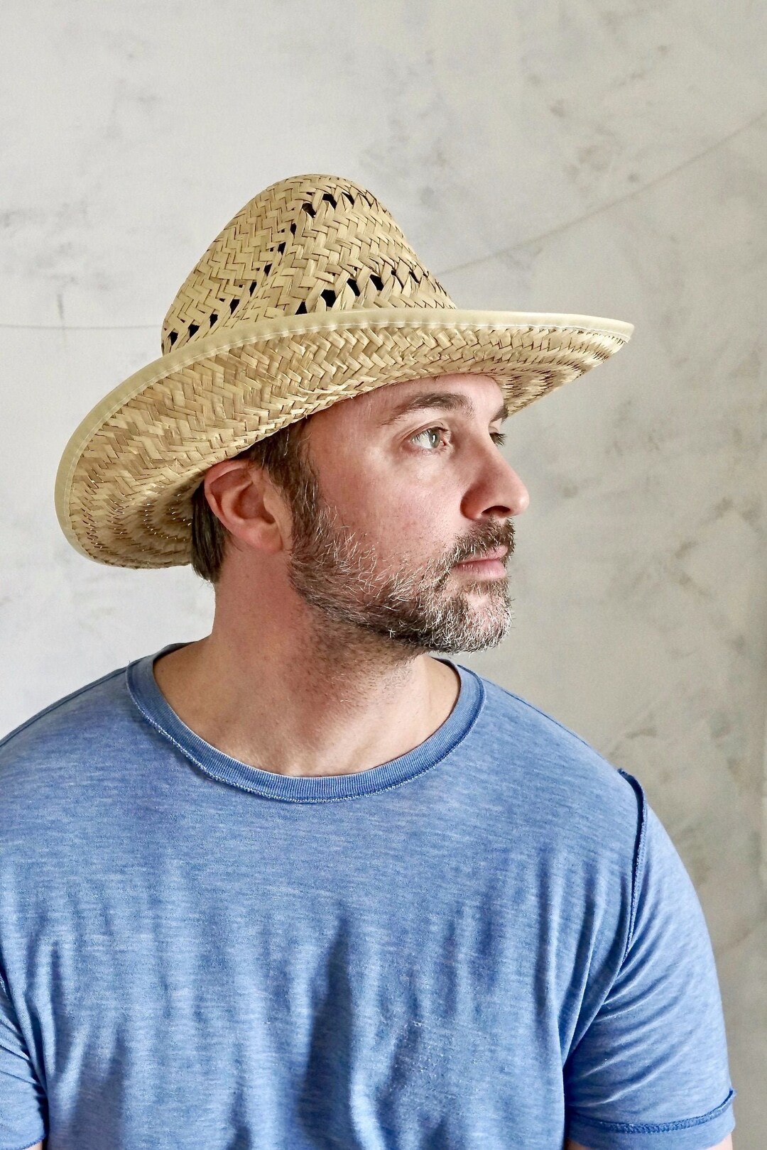 Vintage 70's Natural Woven Straw High Top Wheat Western Cowboy Summer ...