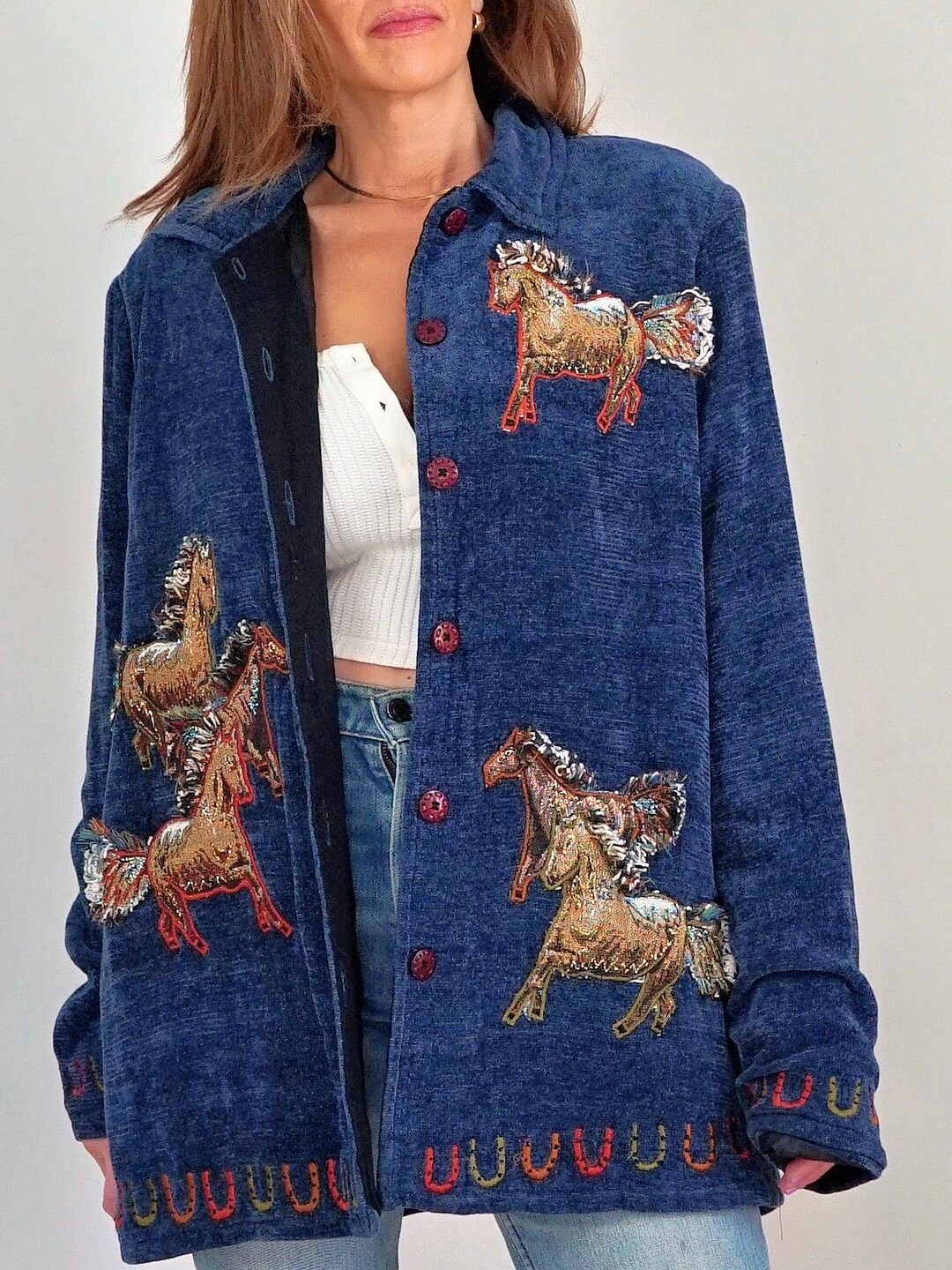 Vintage 90's Tapestry Wild Horses Motif Fringe Western Embroidered ...