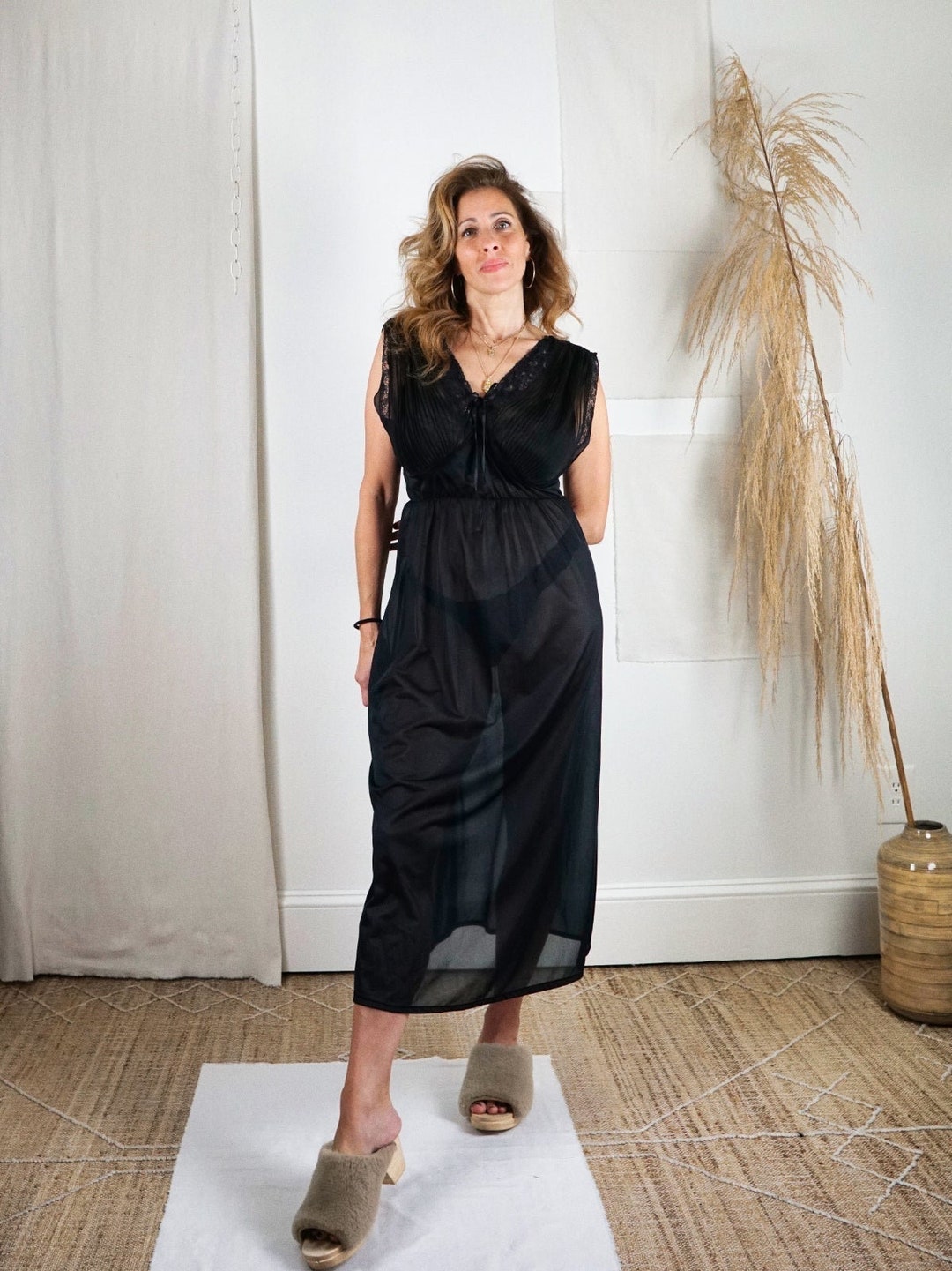Vintage 60's Sheer Black Negligee Nylon Accordion Pleated Lace Long ...