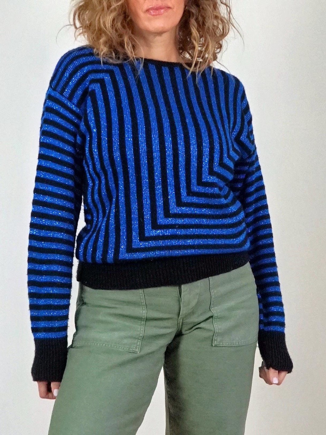 Vintage 80's Cobalt Blue Shimmer New Wave Stripe Metallic Lurex Black ...