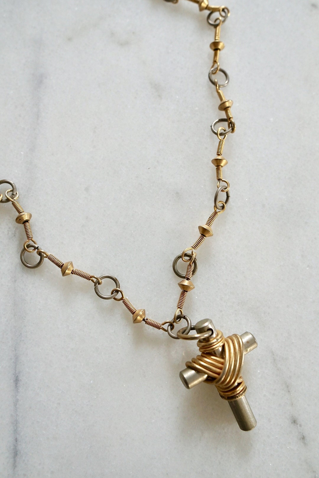 Vintage 70's Handmade Wrapped Wire Long Cross Pendant Silver & Gold ...