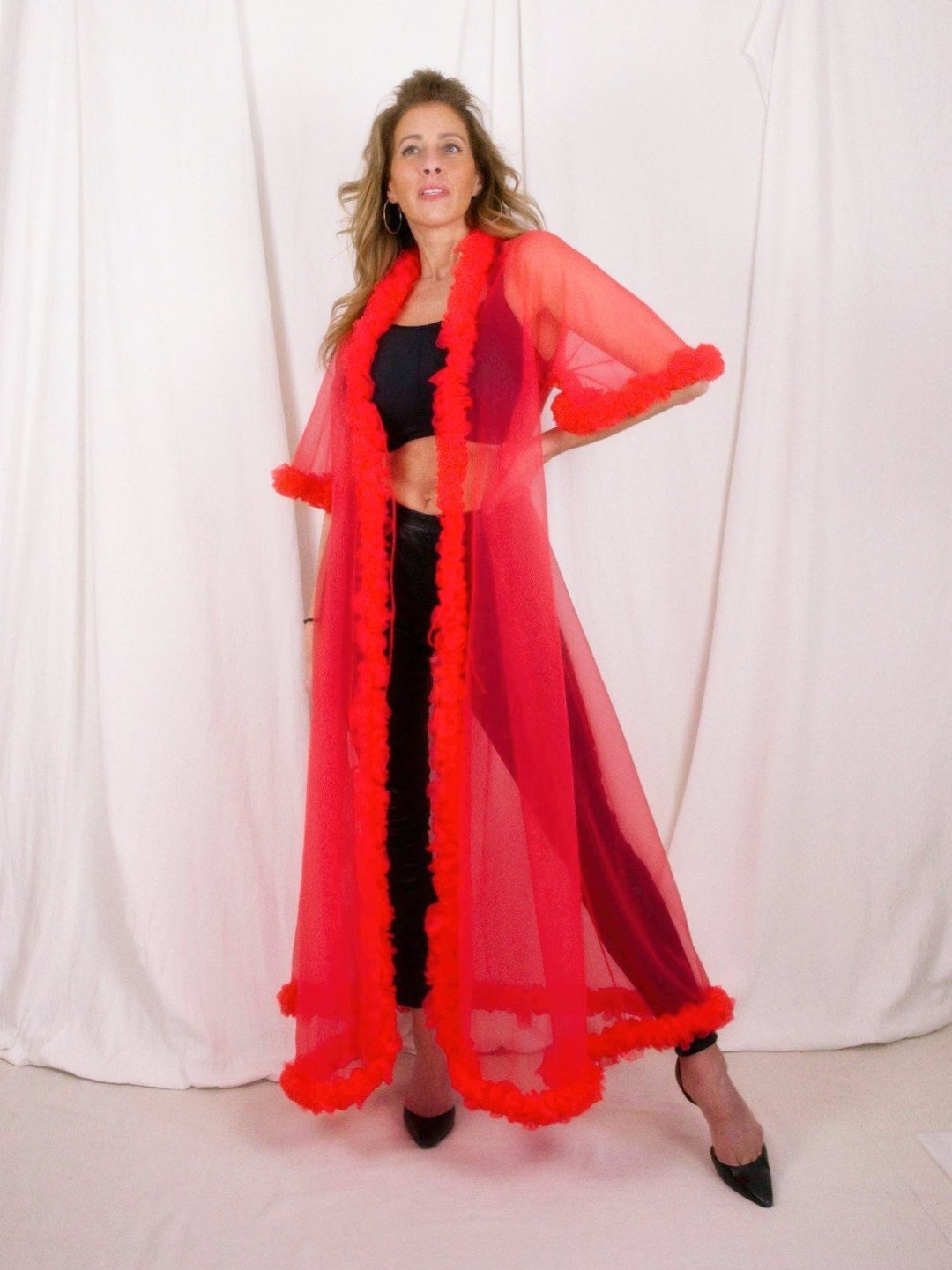 Vintage 60's Sheer Pink Flirty Ruffle Duster Maxi Old Hollywood Frilly ...