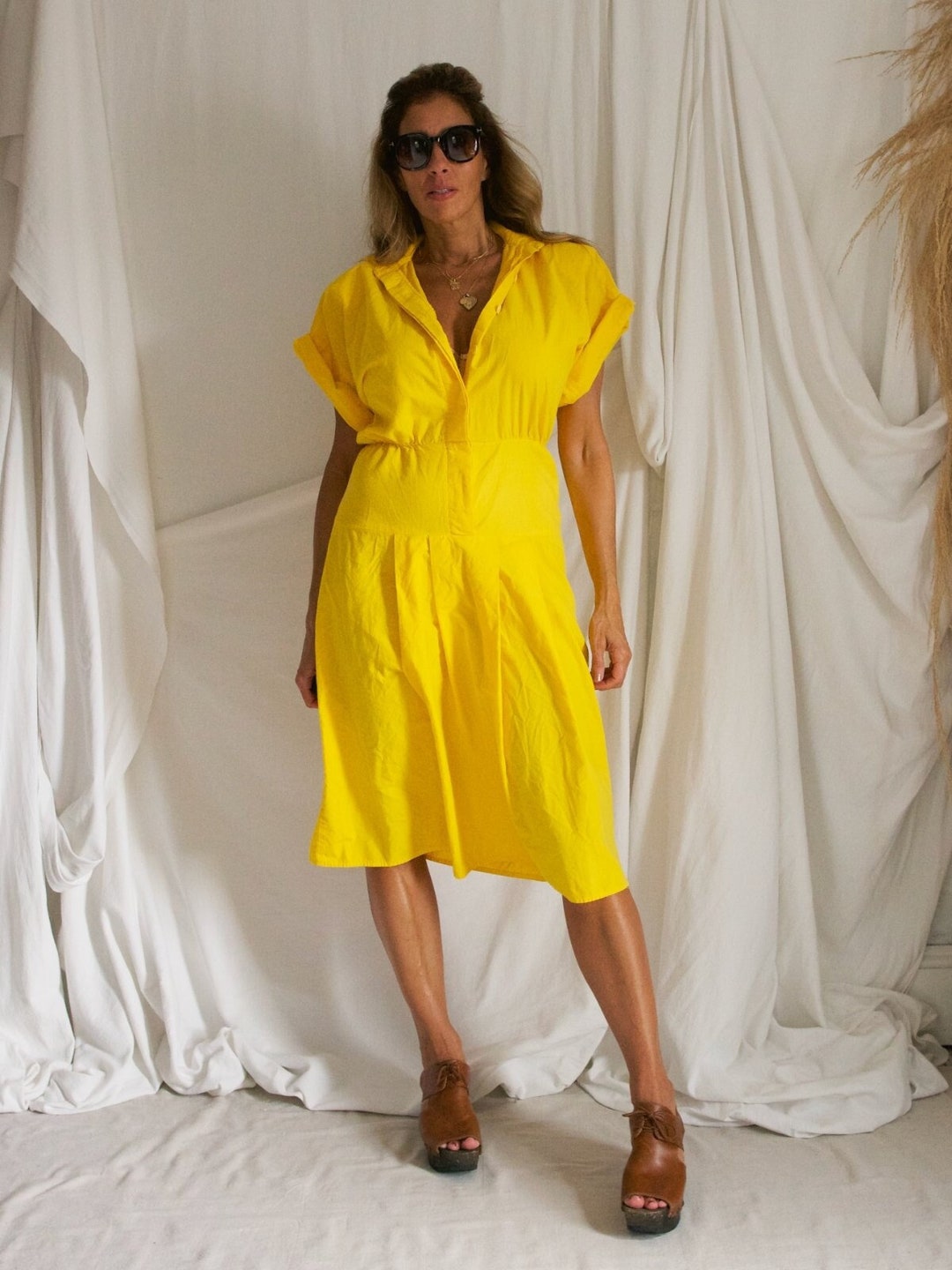 Vintage 80's Canary Yellow Pleated Drop Waist Soft Cotton Button Front ...
