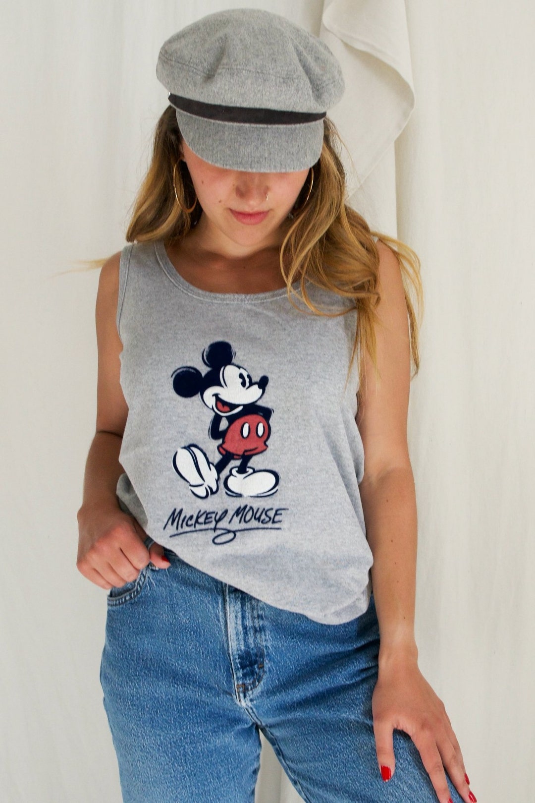 Vintage 90's Mickey Mouse Flocked Graphic Heather Gray Cotton ...