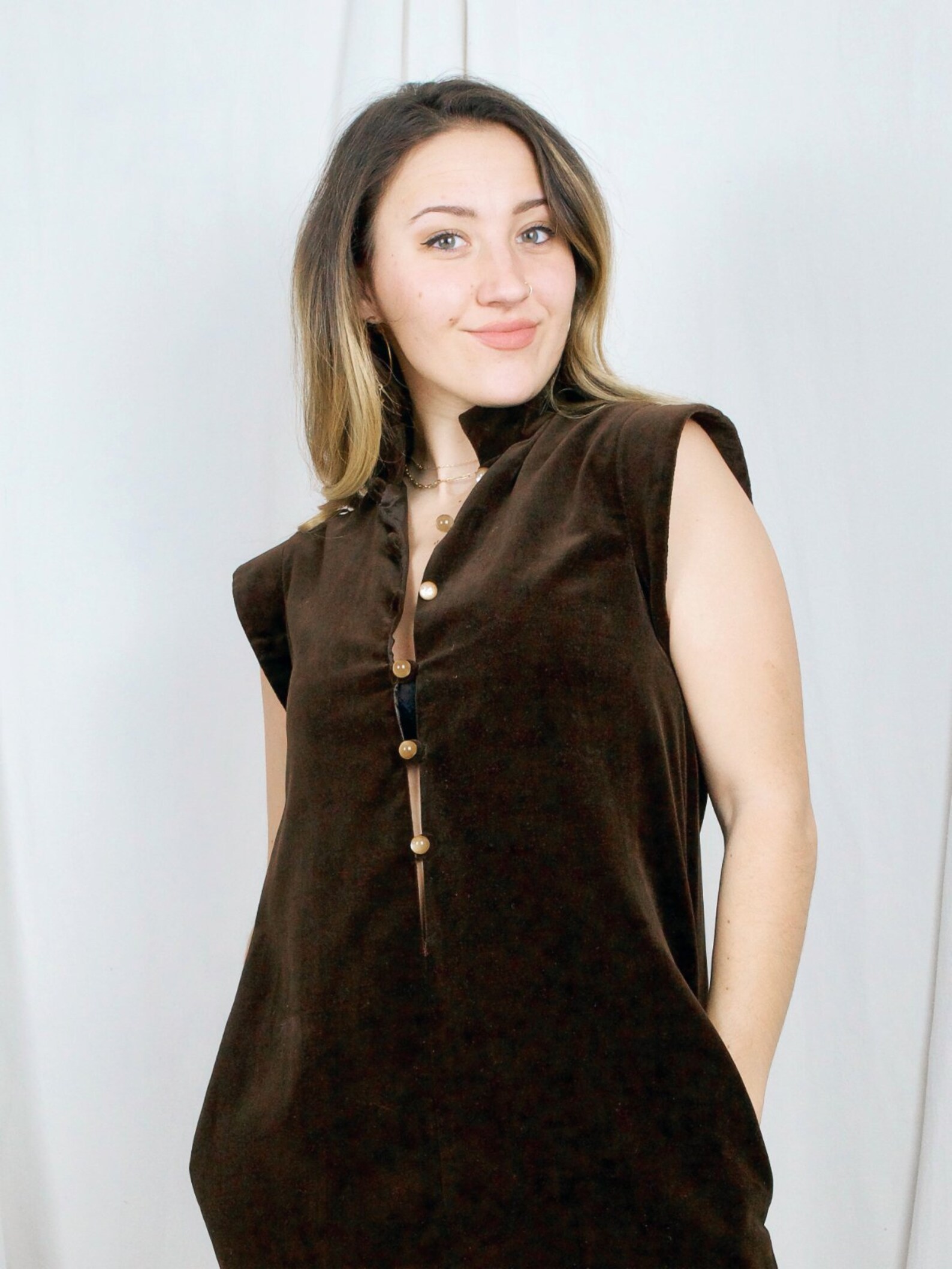 Vintage 70's Walnut Plush Velvet Velour Brown High Neck - Etsy