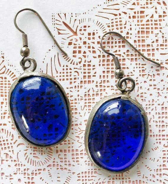 Vintage 80's Cobalt Blue Glass Handmade Silver Metal … - Gem