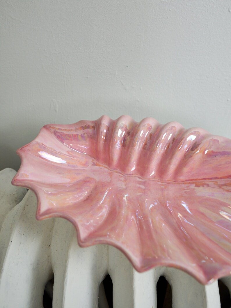 Vintage 60's Iridescent Pink Ceramic Scalloped Shell Large Trinket ...