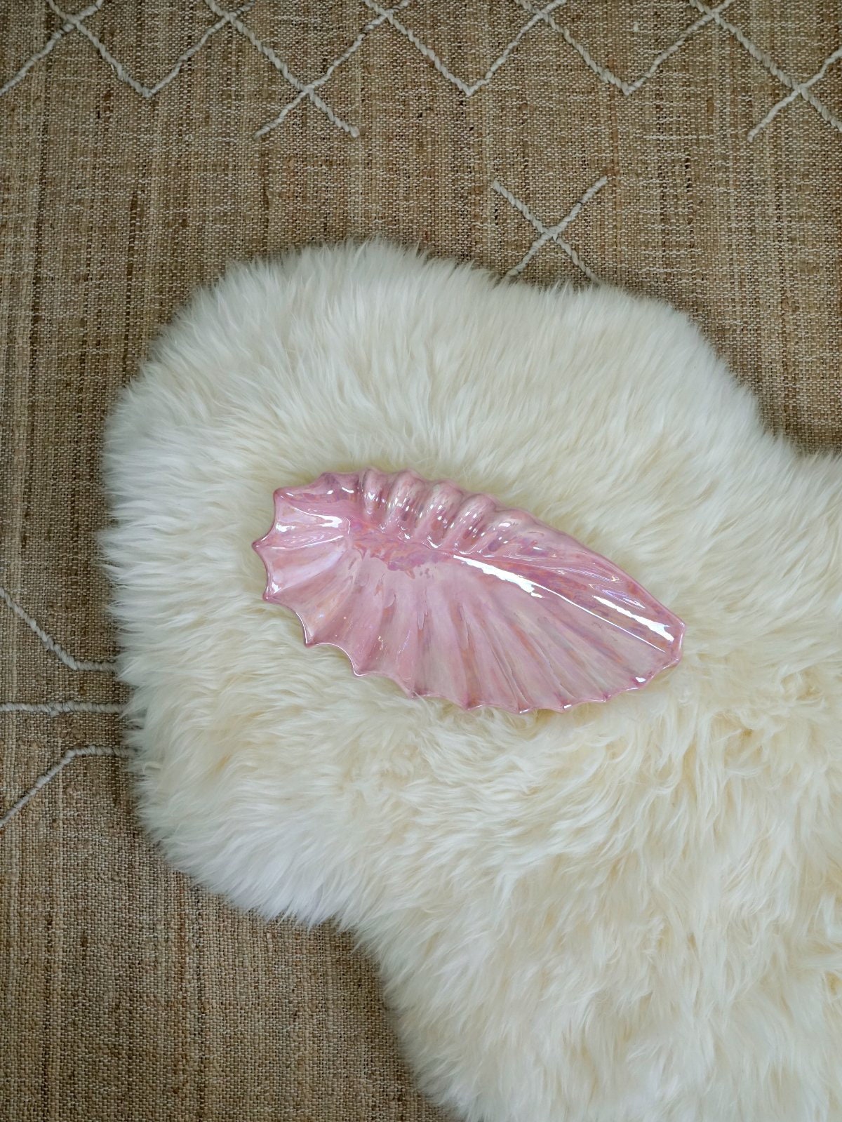 Vintage 60's Iridescent Pink Ceramic Scalloped Shell Large Trinket ...
