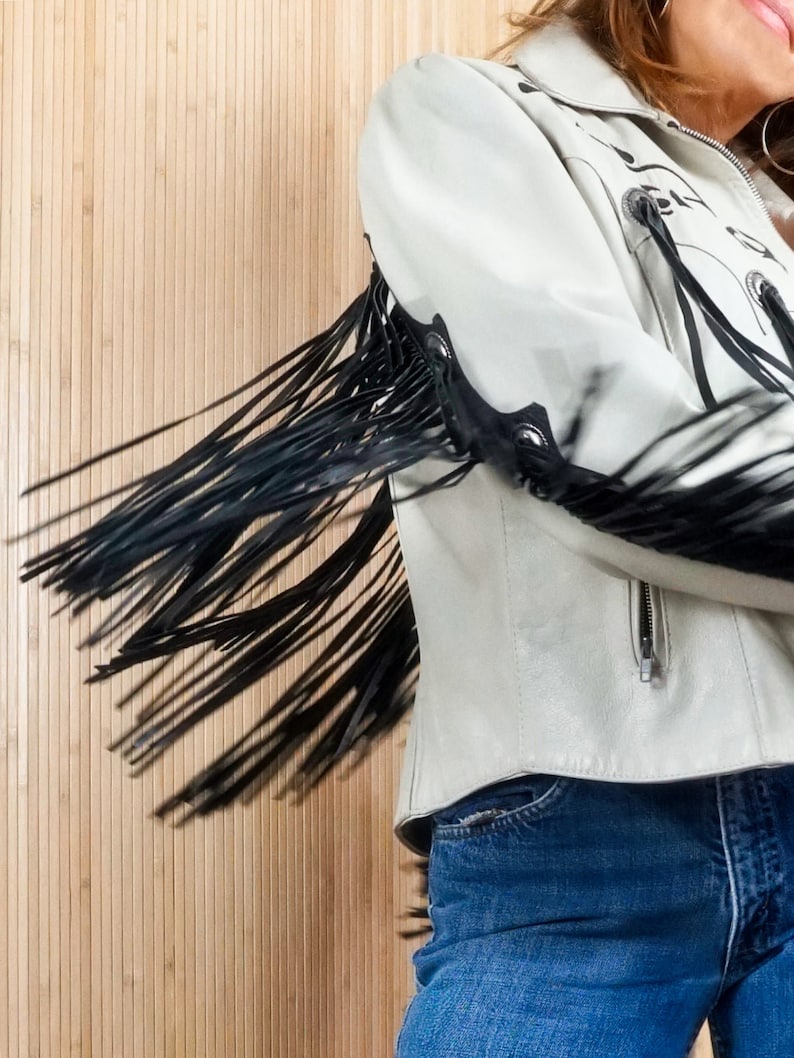 Vintage 80's Bone White Leather Western Fringe Biker Black Rose Suede ...