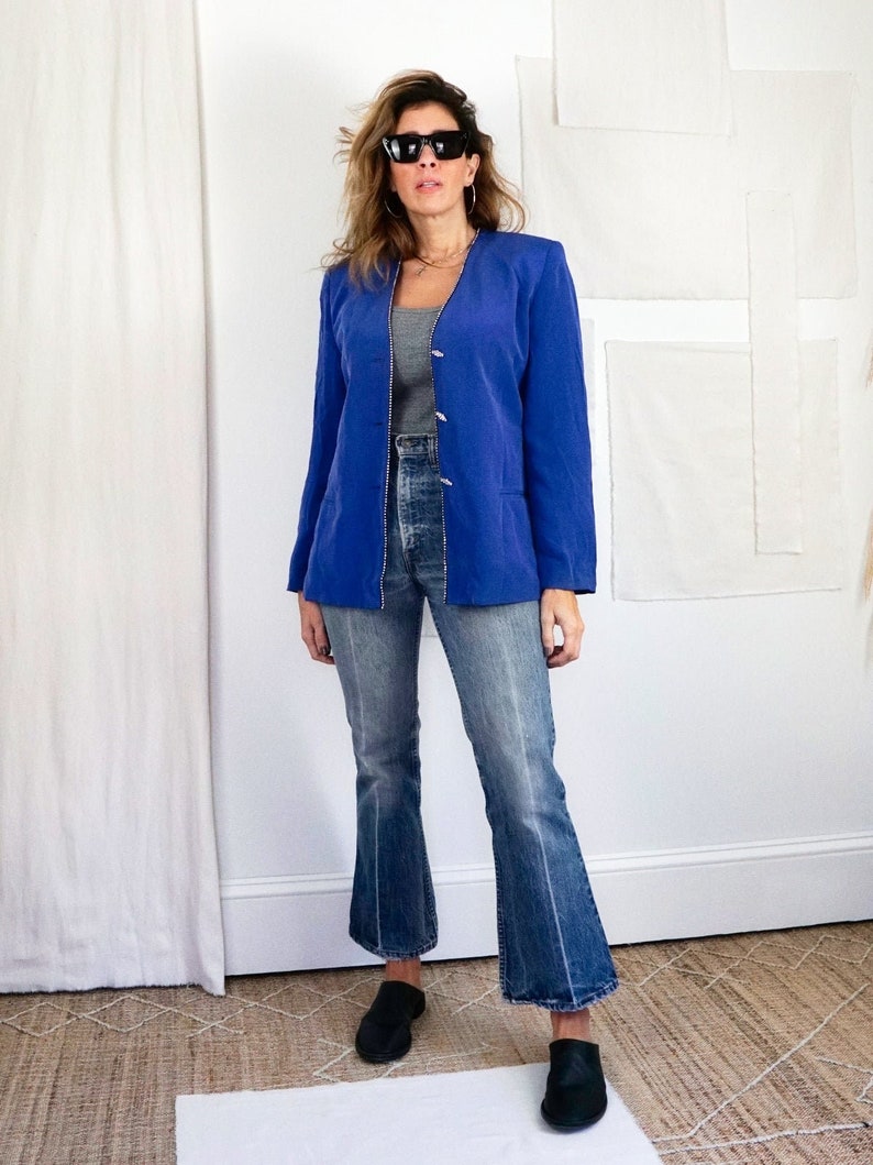 Vintage 80's Cobalt Blue Silk Crystal Jacket Sparkle Rhinestone Trim ...