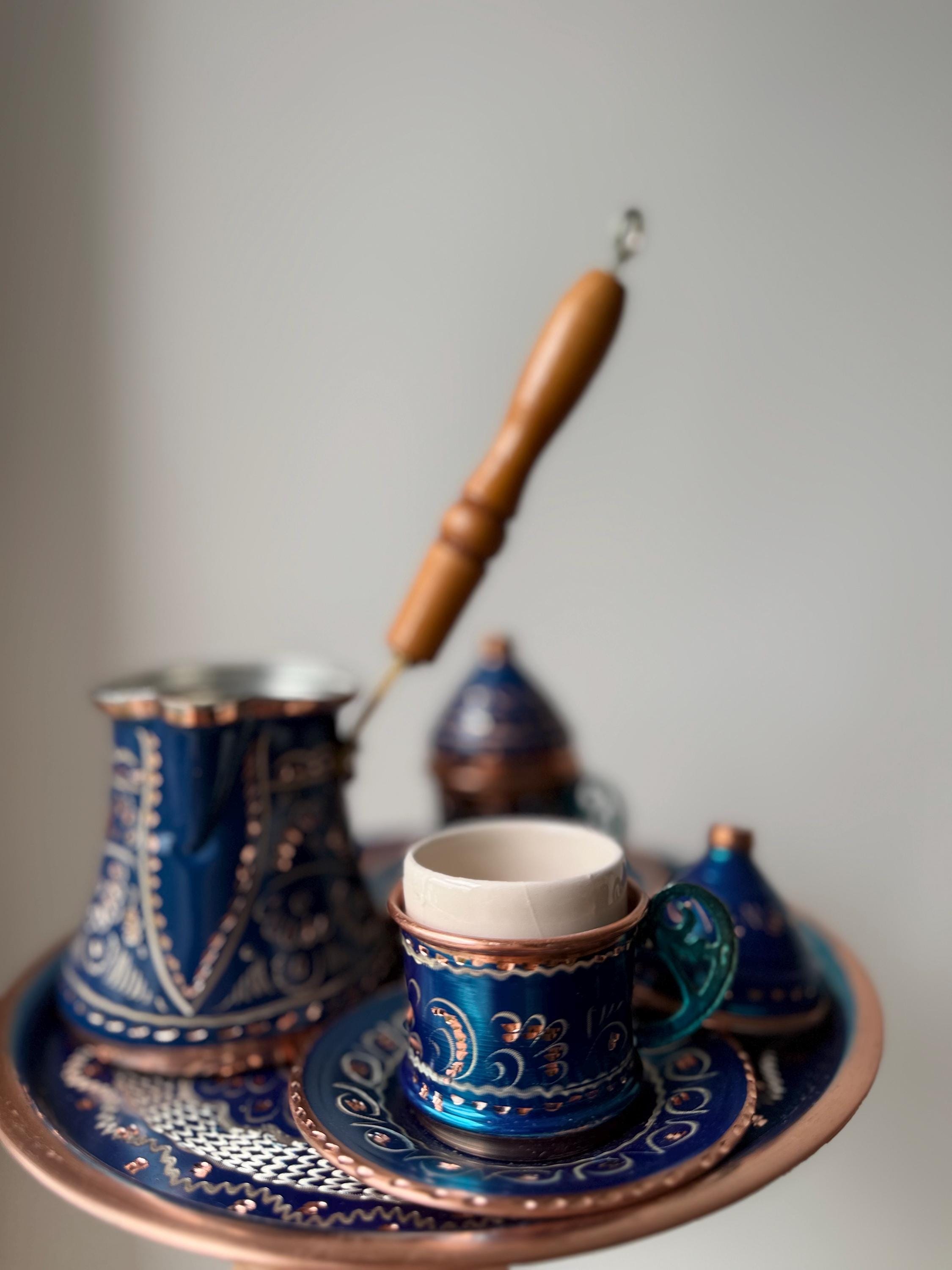 Handmade Turkish Coffee Set: 10-piece Copper Cezve, Cups & Tray ...