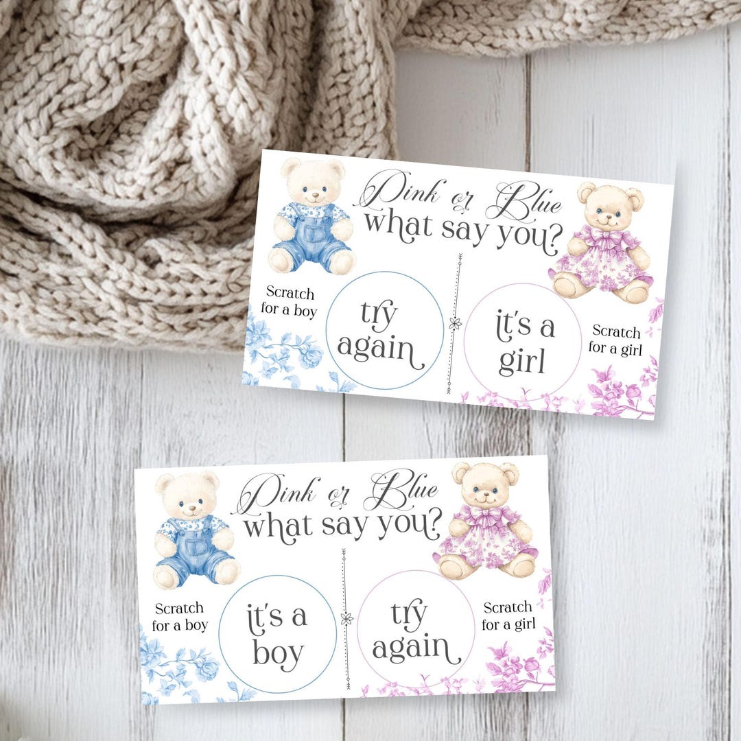 Teddy Bear Gender Reveal Scratch off Cards: DIY Printable Game (corjl ...