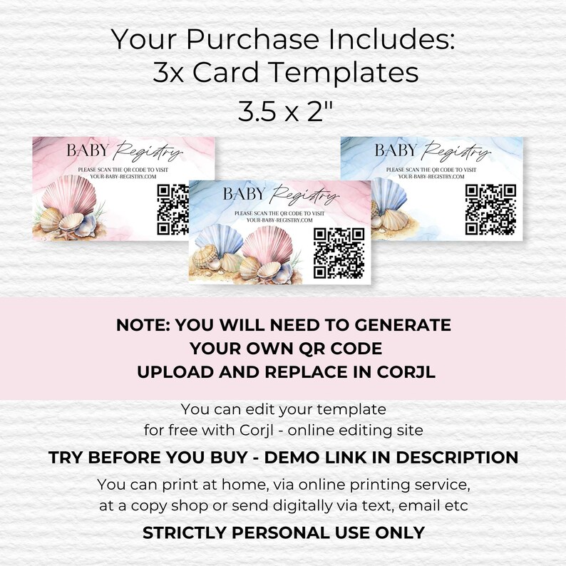 Seashell Baby Registry QR Code Card, Beach Gender Reveal (editable ...