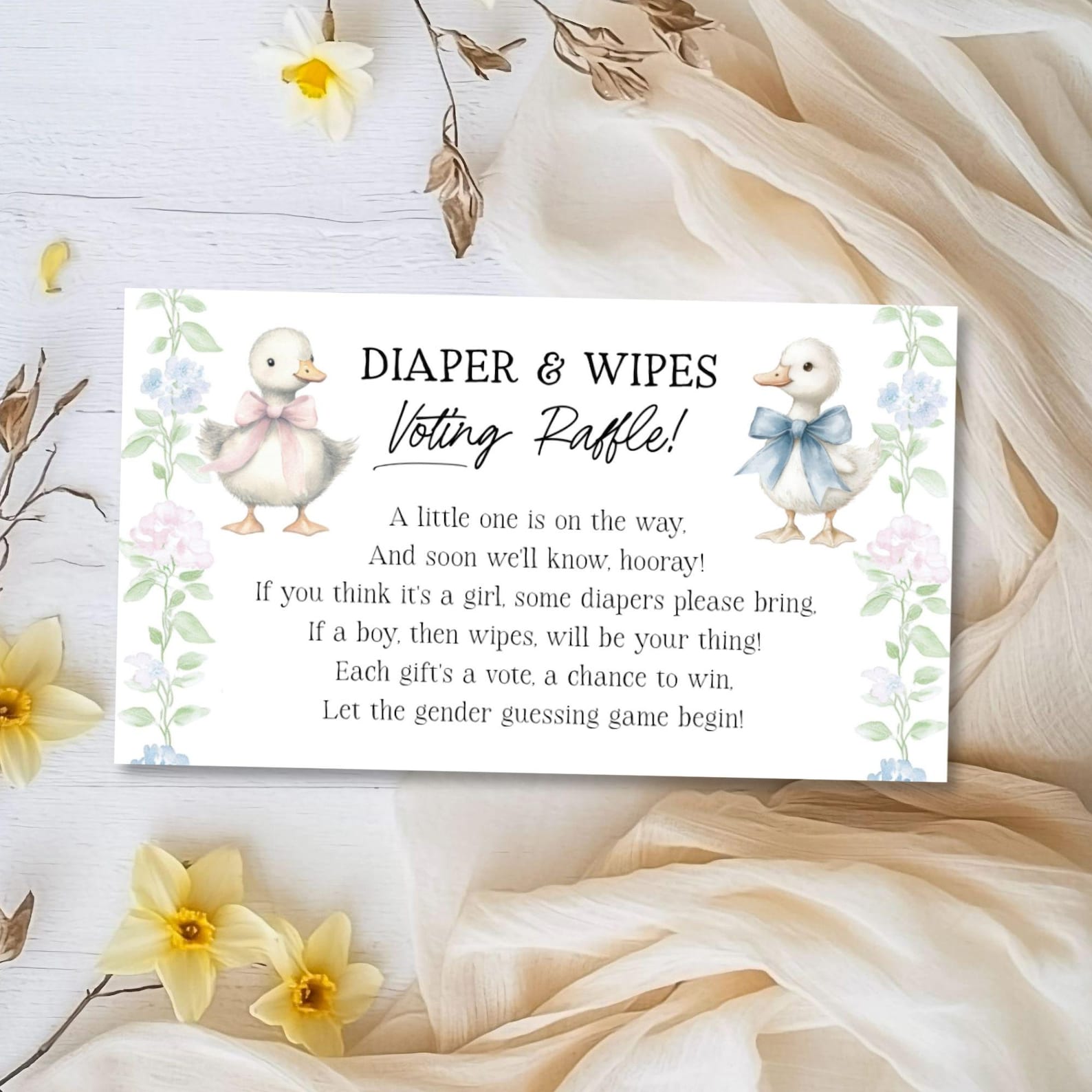 Silly Goose Gender Reveal Raffle Card, Diapers for Girl Wipes for Boy ...