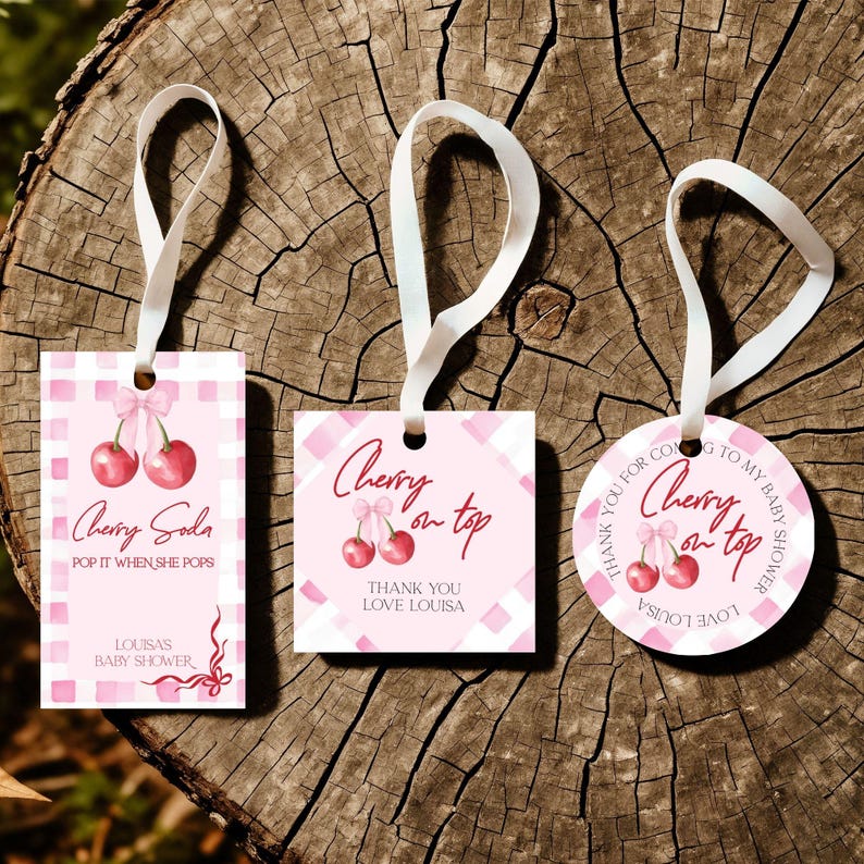Cherry Baby Shower Favor Tags: Pink Bow Gingham, 4x Shapes (printable ...