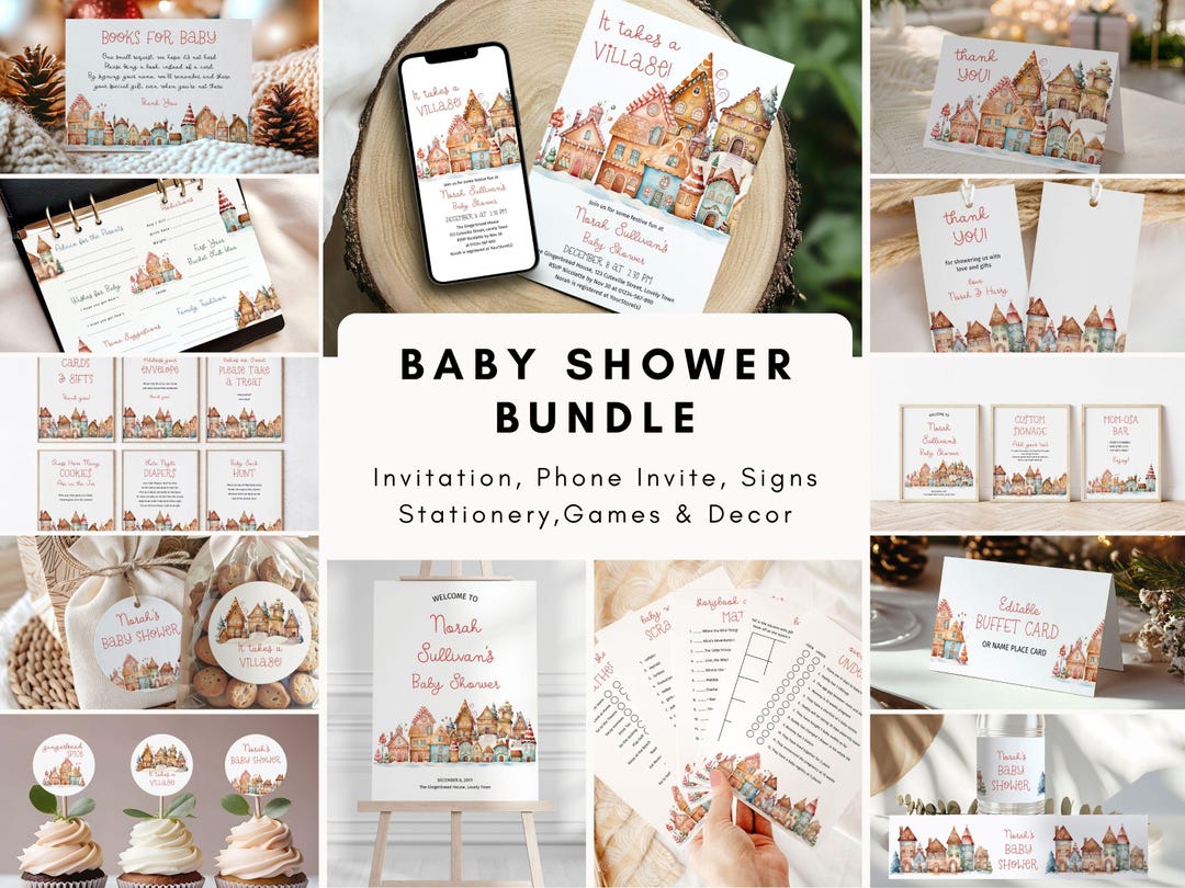 Editable Gingerbread Baby Shower Bundle: It Takes a Village Festive ...