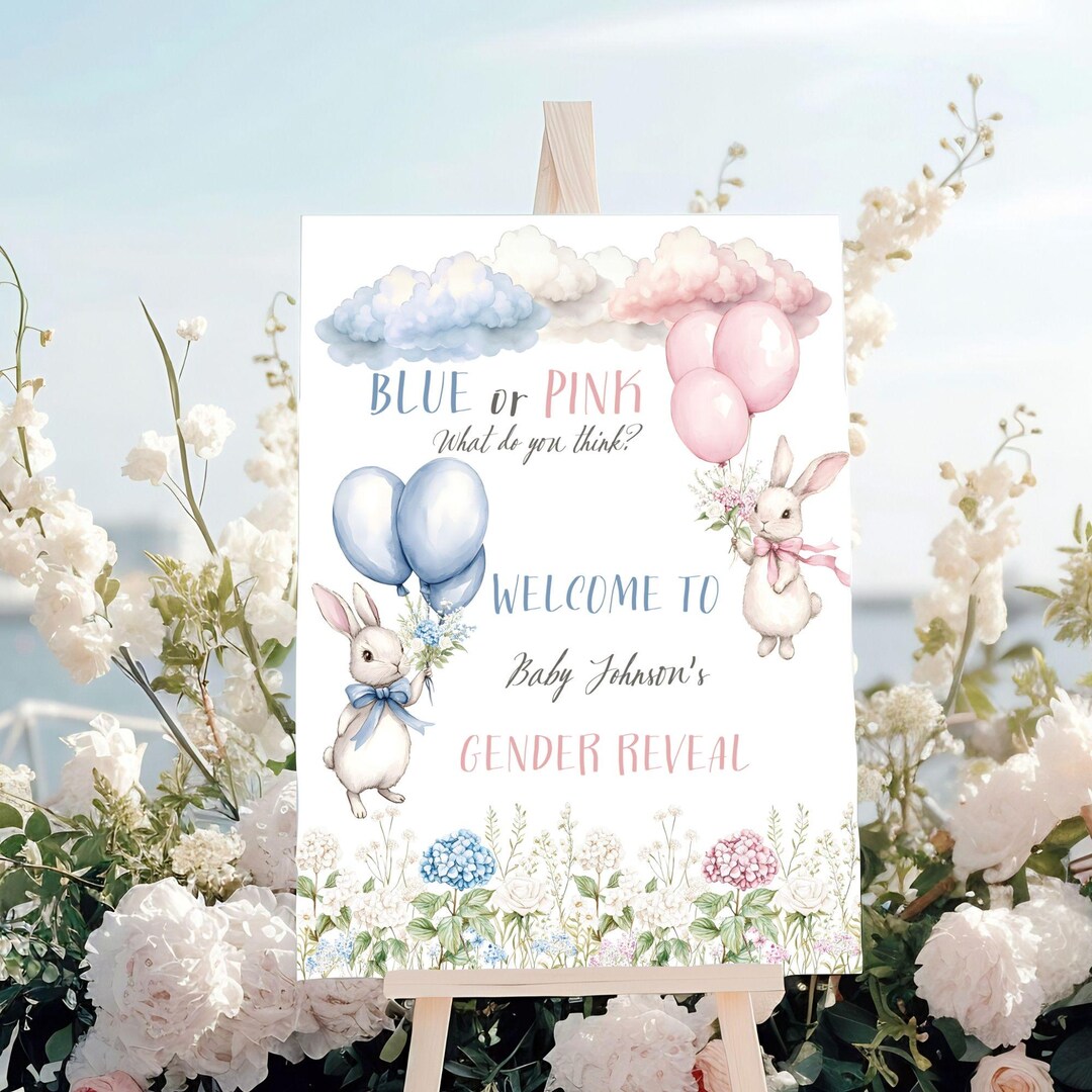 Bunny Gender Reveal Welcome Sign: Rabbits & Balloons Decor (digital ...