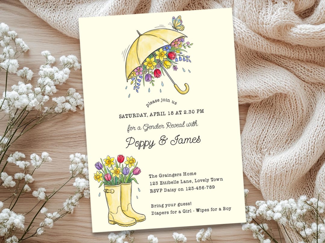 Yellow April Showers Gender Reveal Invitation: Editable Spring Floral ...