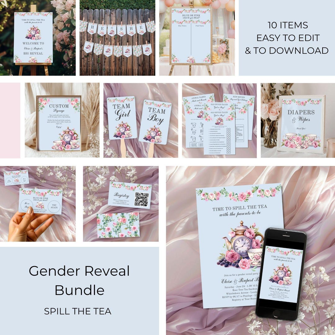 Vintage Tea Party Gender Reveal Bundle: Invite, Signs, Games & Decor ...