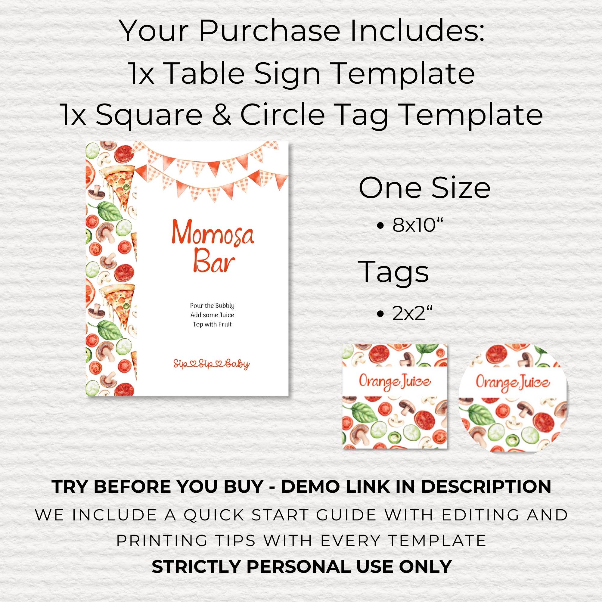 Momosa Bar Sign Pizza Baby Shower, Editable Mimosa Poster & Tags, Slice ...