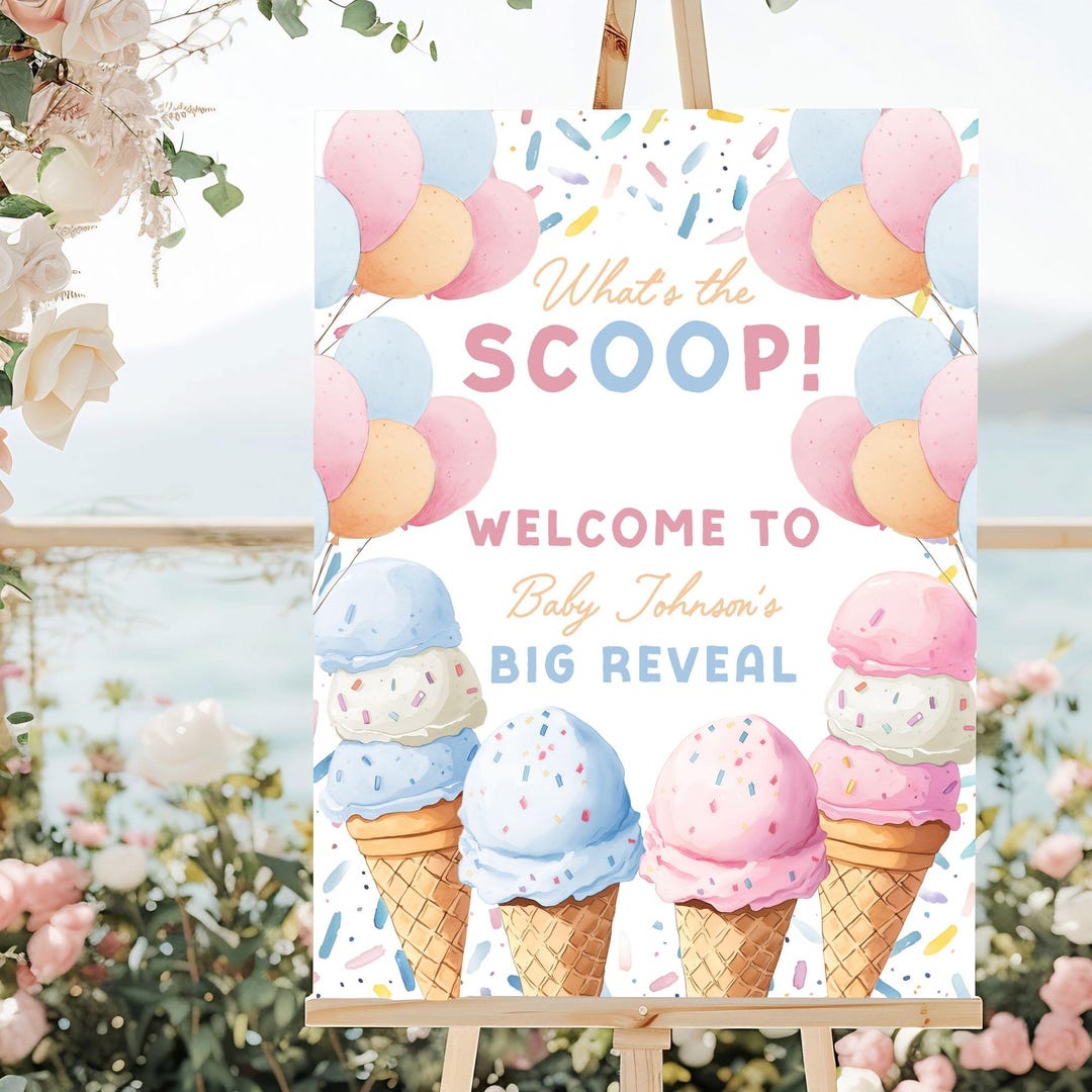 Ice Cream Gender Reveal Welcome Sign: Pink & Blue Sprinkle Party ...