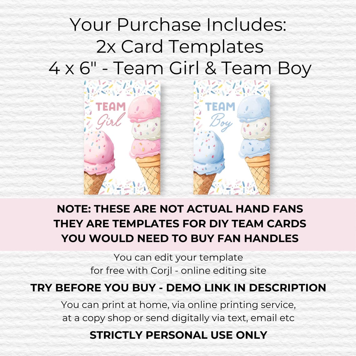 Ice Cream Gender Reveal Voting Cards: Team Boy or Girl (printable ...