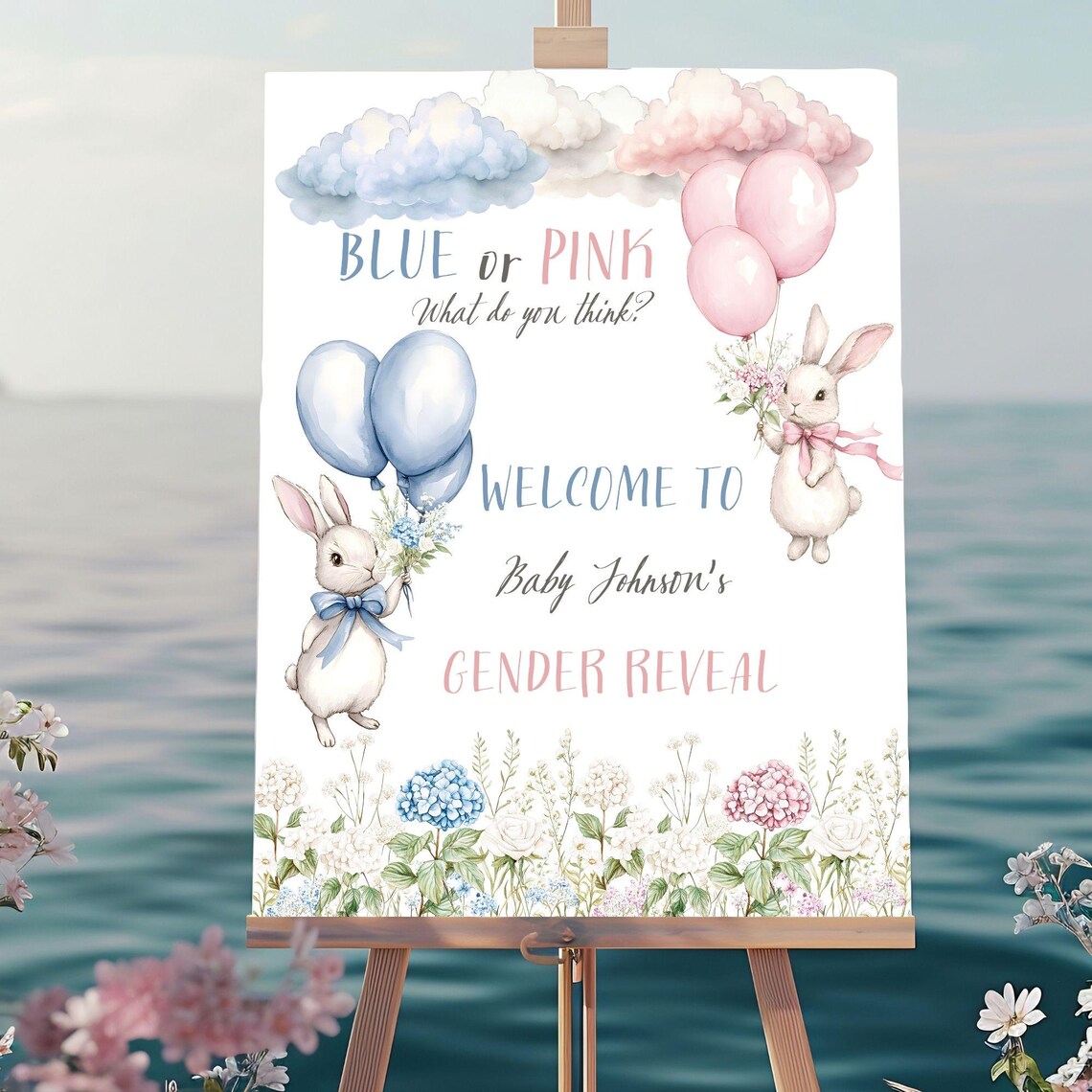 Bunny Gender Reveal Welcome Sign: Rabbits & Balloons Decor (digital ...