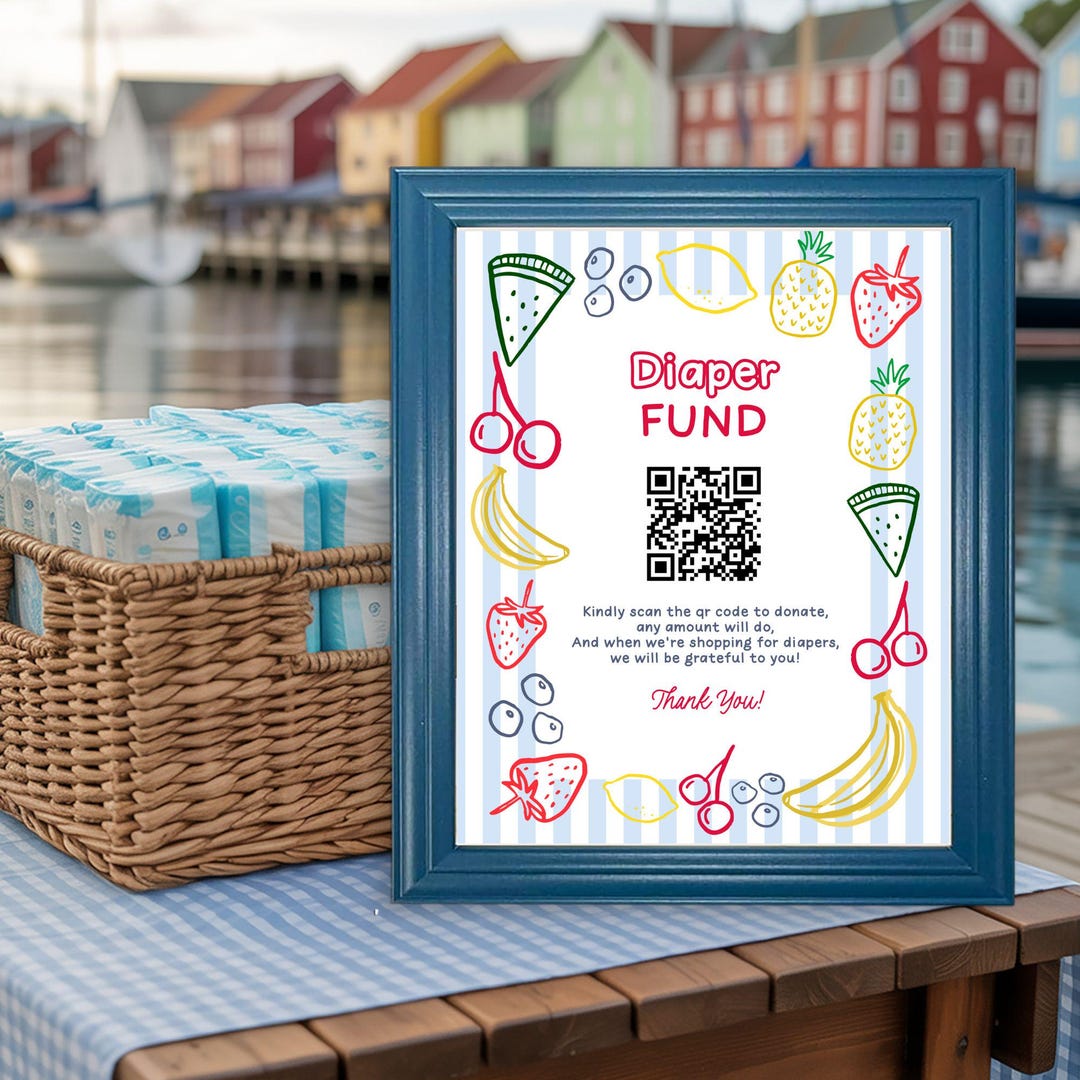 QR Diaper Fund Sign, Editable Fruit Baby Shower Blue Stripe Printable ...