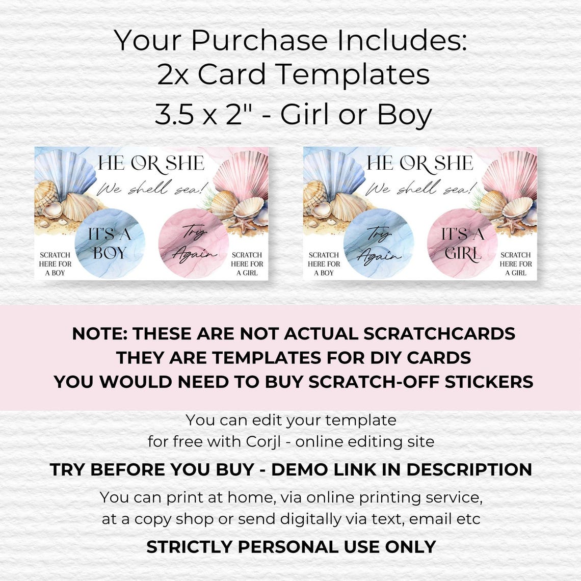 Seashell Gender Reveal Scratch off Cards: DIY Printable Game (editable ...