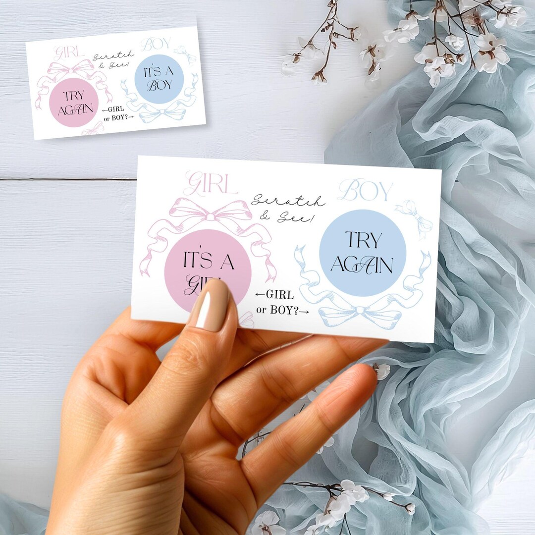 DIY Gender Reveal Scratch off Cards, Pink & Blue Coquette Theme, Ribbon ...