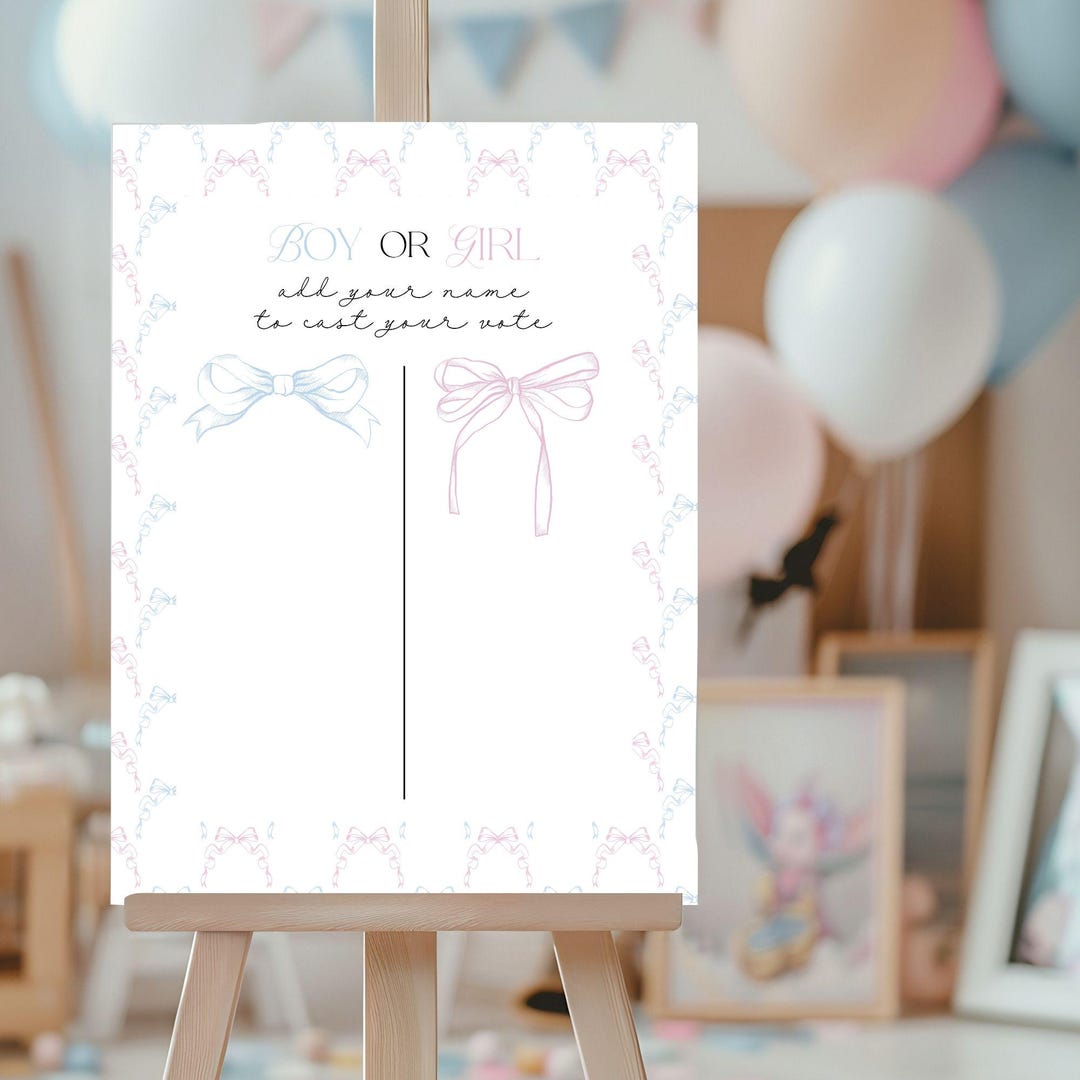 Gender Reveal Voting Poster, Coquette Bow Theme, Pink & Blue, He or She ...