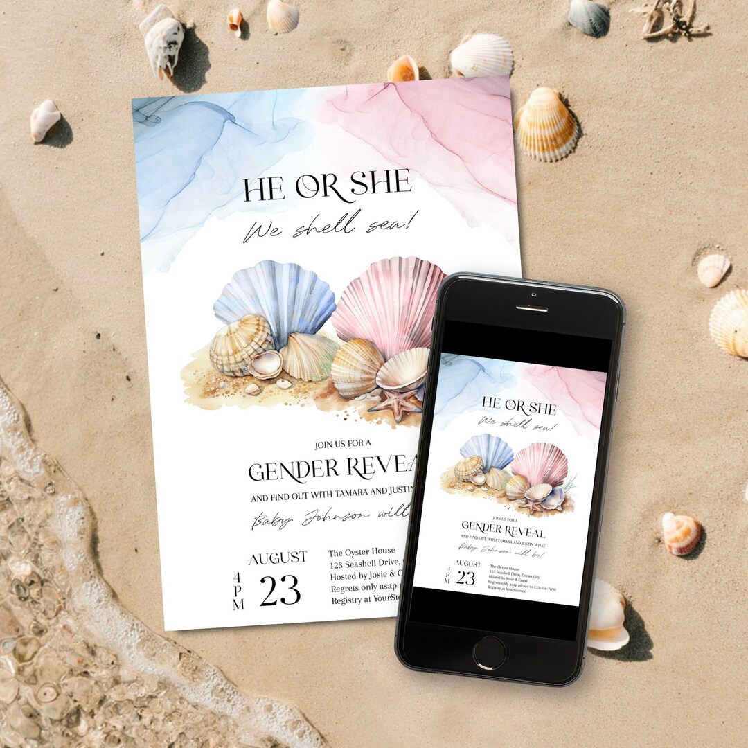 Seashell Gender Reveal Invitation: Beach Baby Shower, Under the Sea ...