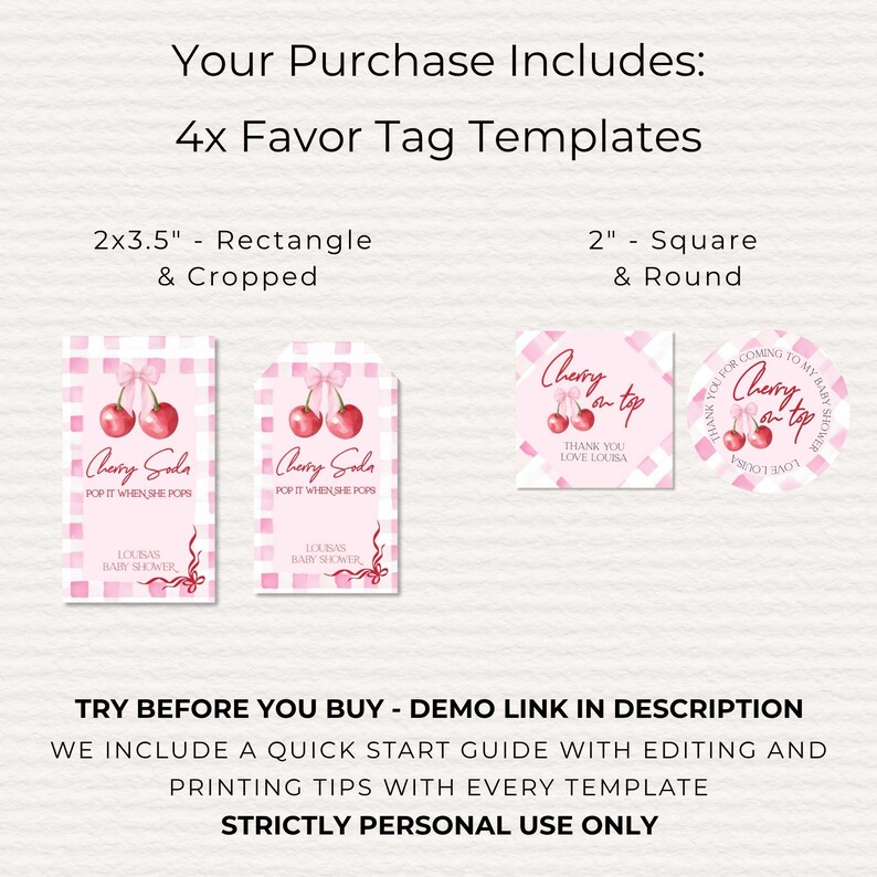 Cherry Baby Shower Favor Tags: Pink Bow Gingham, 4x Shapes (printable ...