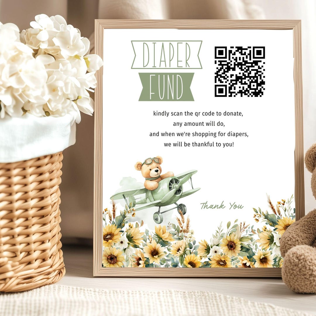 Landing Soon Diaper Fund Sign, Teddy Bear Airplane Theme, Sunflower ...
